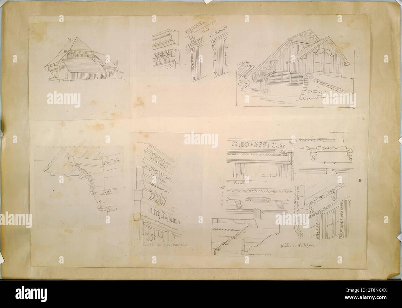 Architectural survey, studies of wooden farmhouses, perspective ...