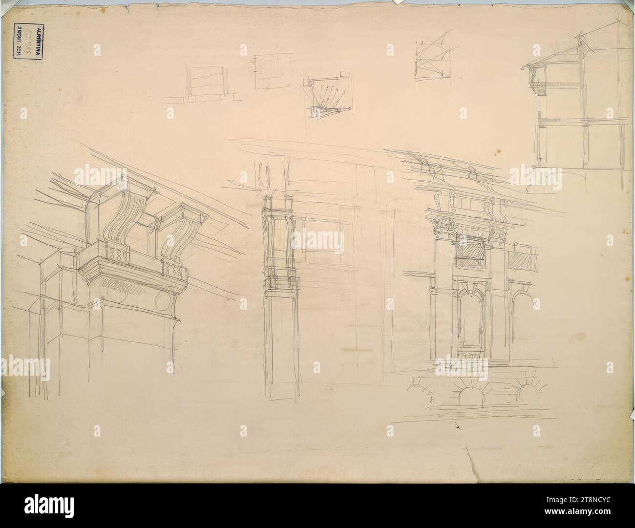 Studies for a palace facade with pilaster structure, perspective, cross section, Alfred ...