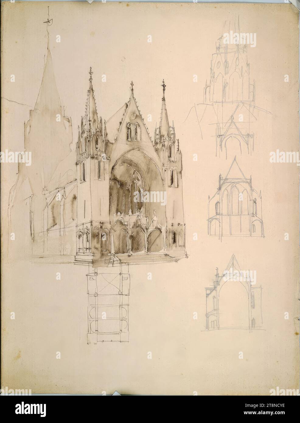 Draft of a Gothic church with double-tower façade and crossing tower ...
