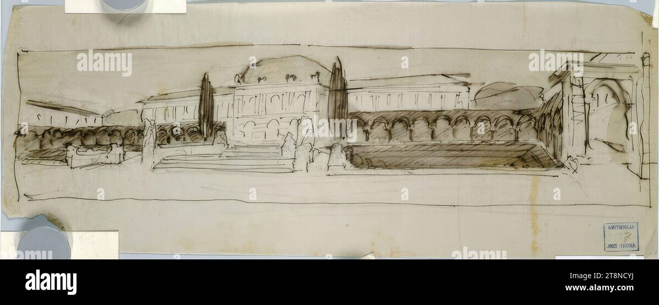 Draft of a palatial building with space design in front, perspective ...