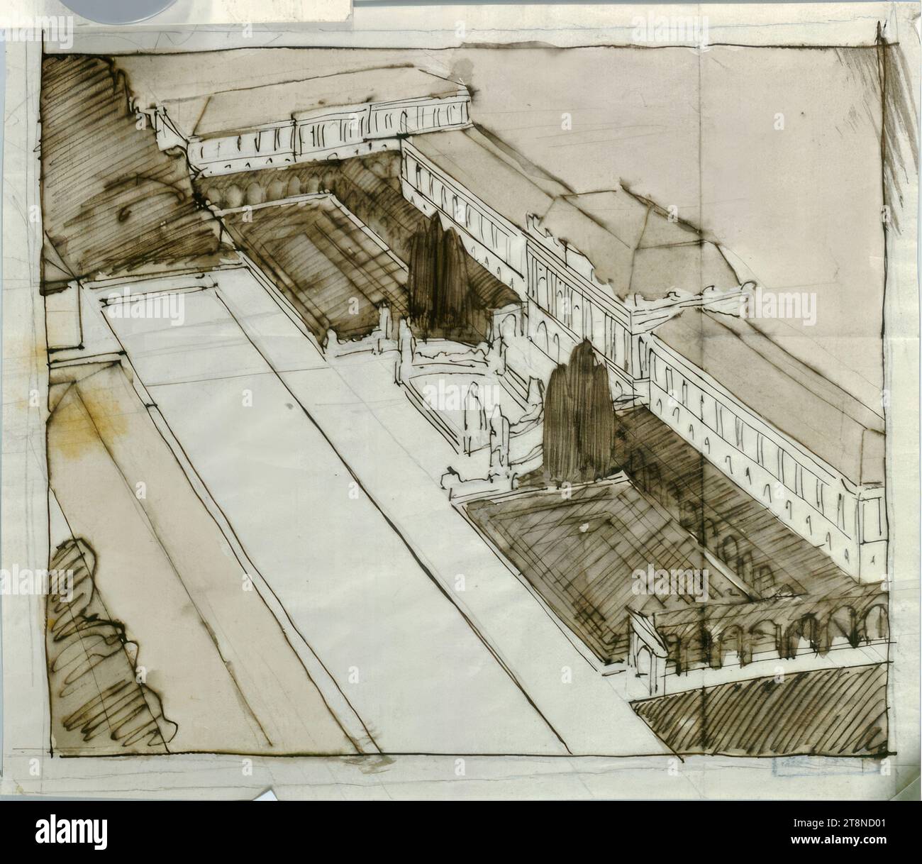 Draft of a palatial building with space design in front, bird's eye ...