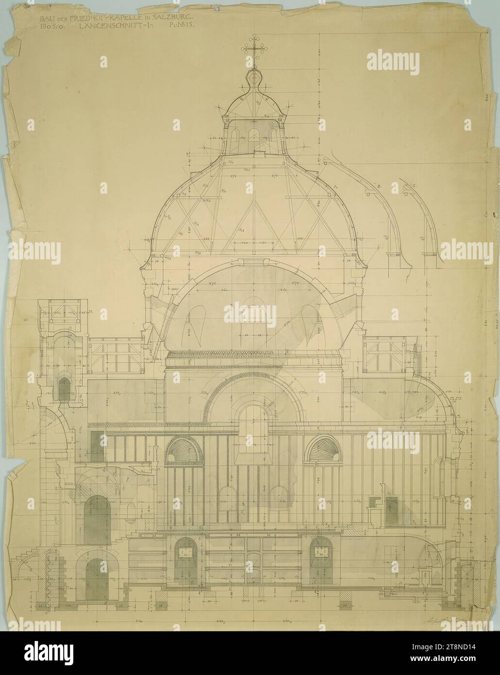 Salzburg, cemetery chapel, longitudinal section, Alfred Castelliz ...