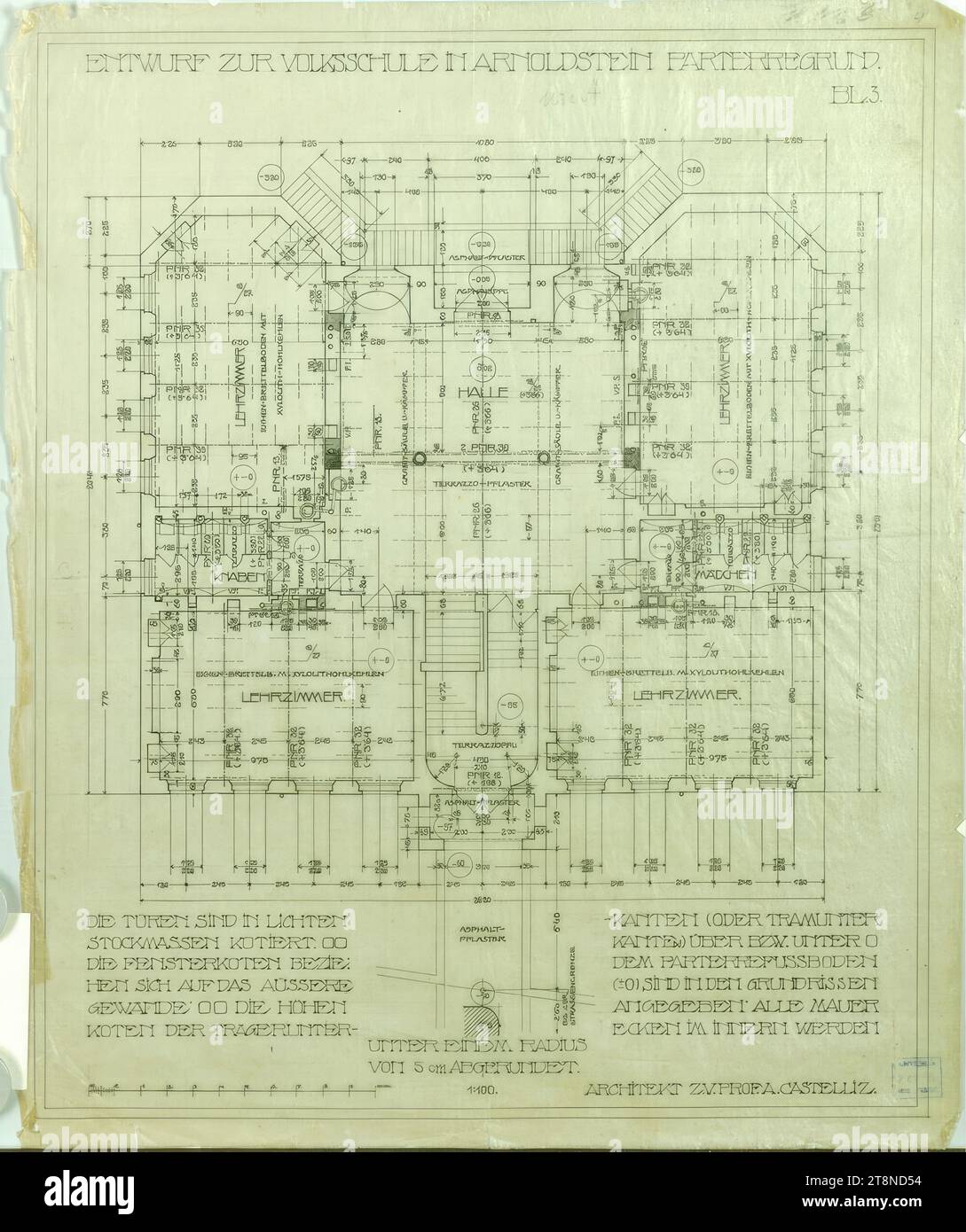 Arnoldstein, elementary school, ground floor plan, Alfred Castelliz (artist, Celje 1870 - 1940 ...