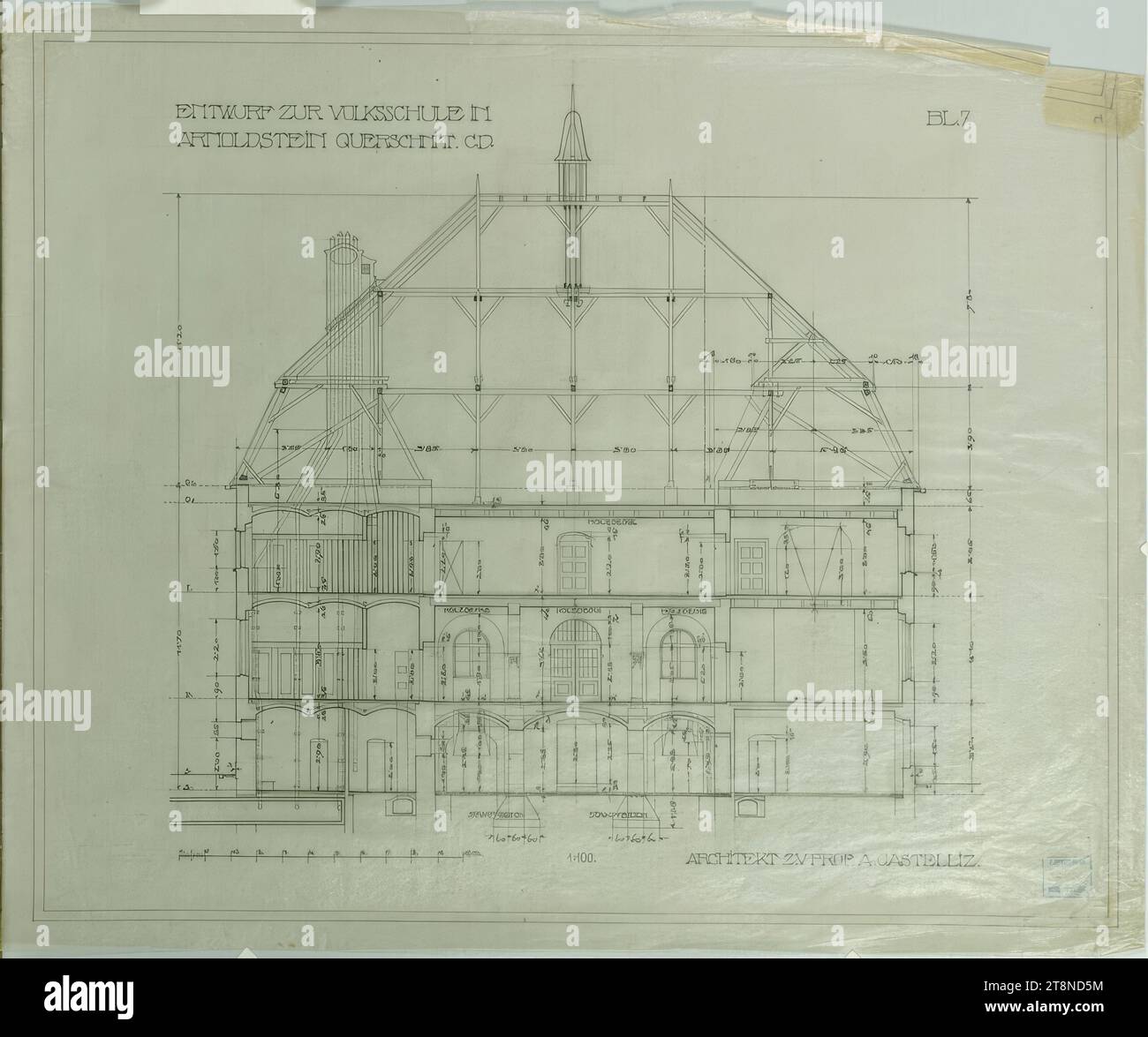 Arnoldstein, elementary school, cross-section C-D, Alfred Castelliz (Celje 1870 - 1940 Vienna ...