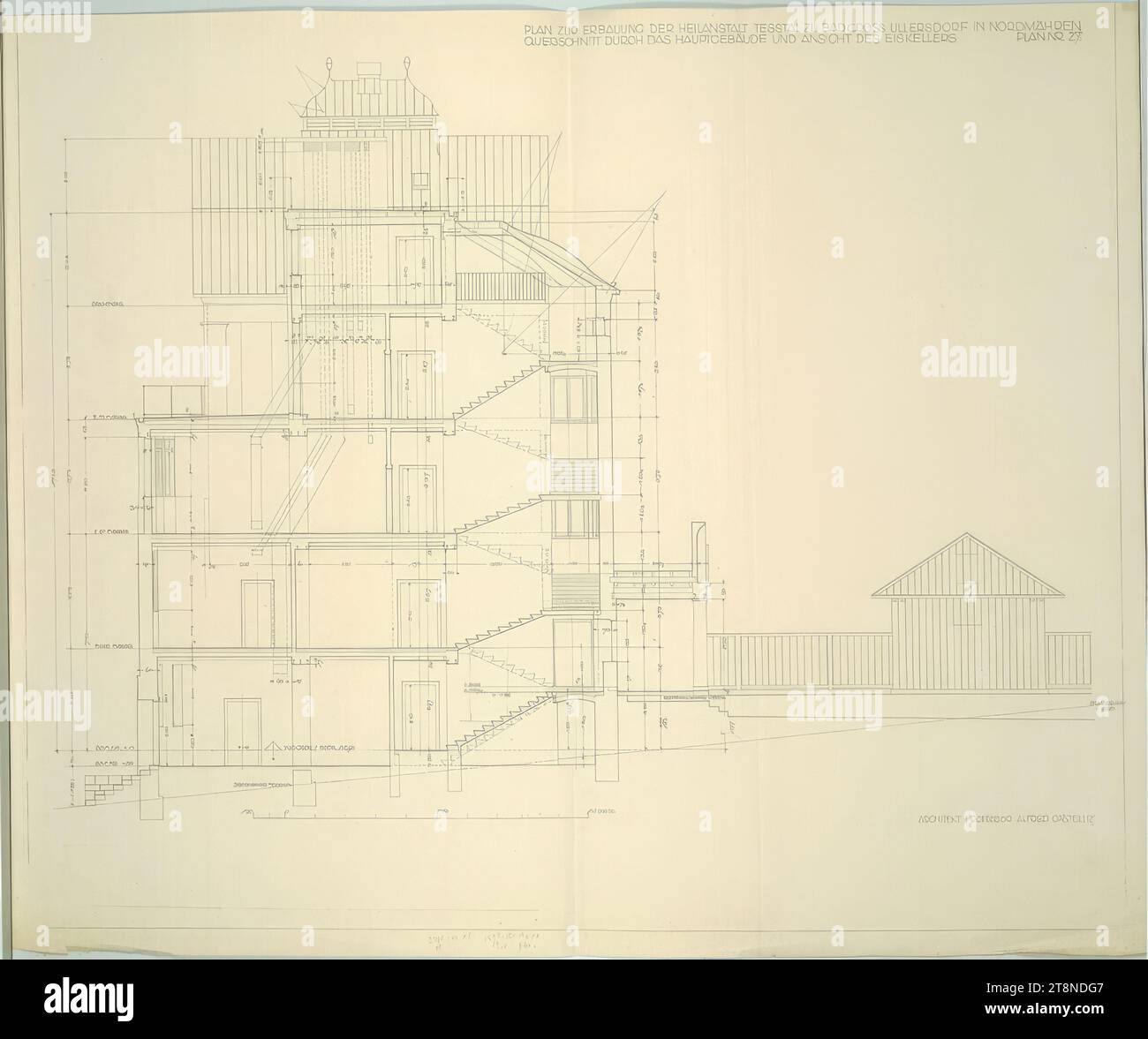 Bad Groß Ullersdorf (North Moravia), Thesstal sanatorium, cross section, submission plan, Alfred ...