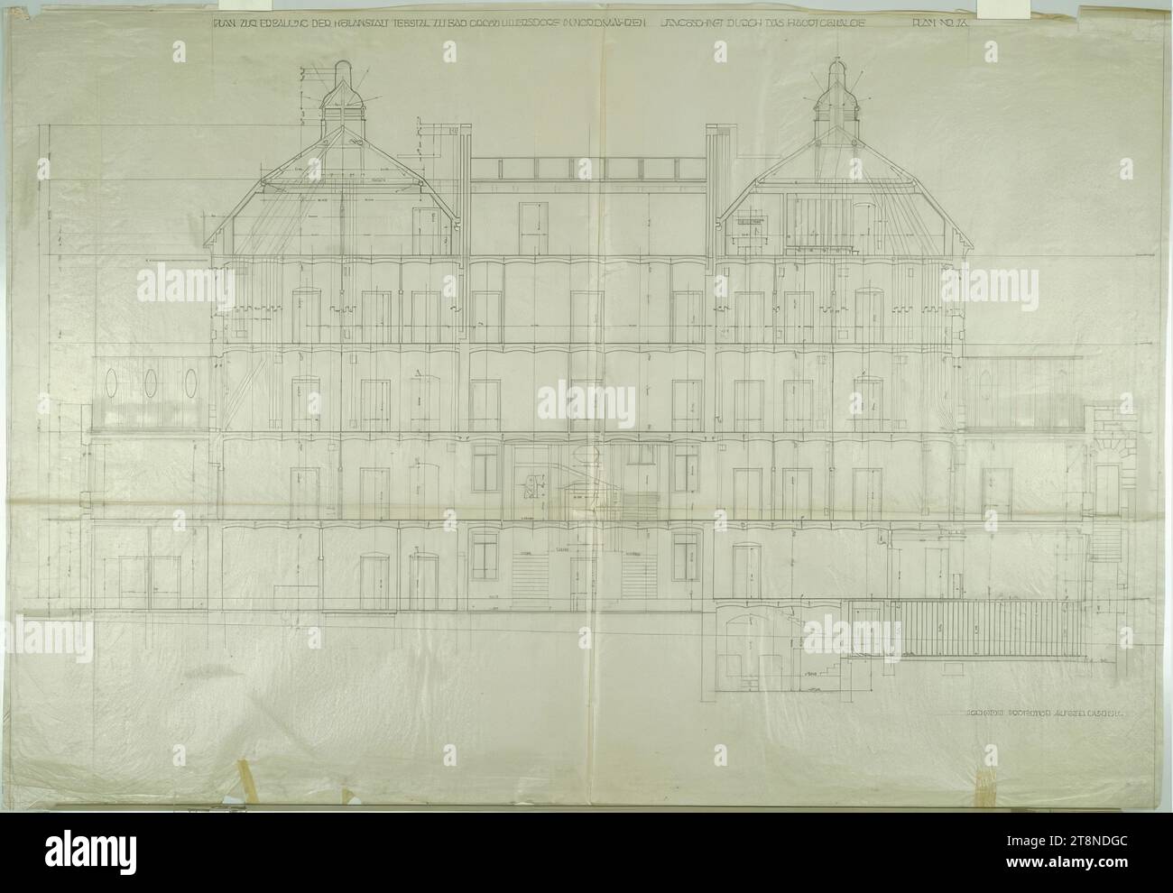 Bad Groß Ullersdorf (North Moravia), Thesstal sanatorium, longitudinal section, submission plan ...