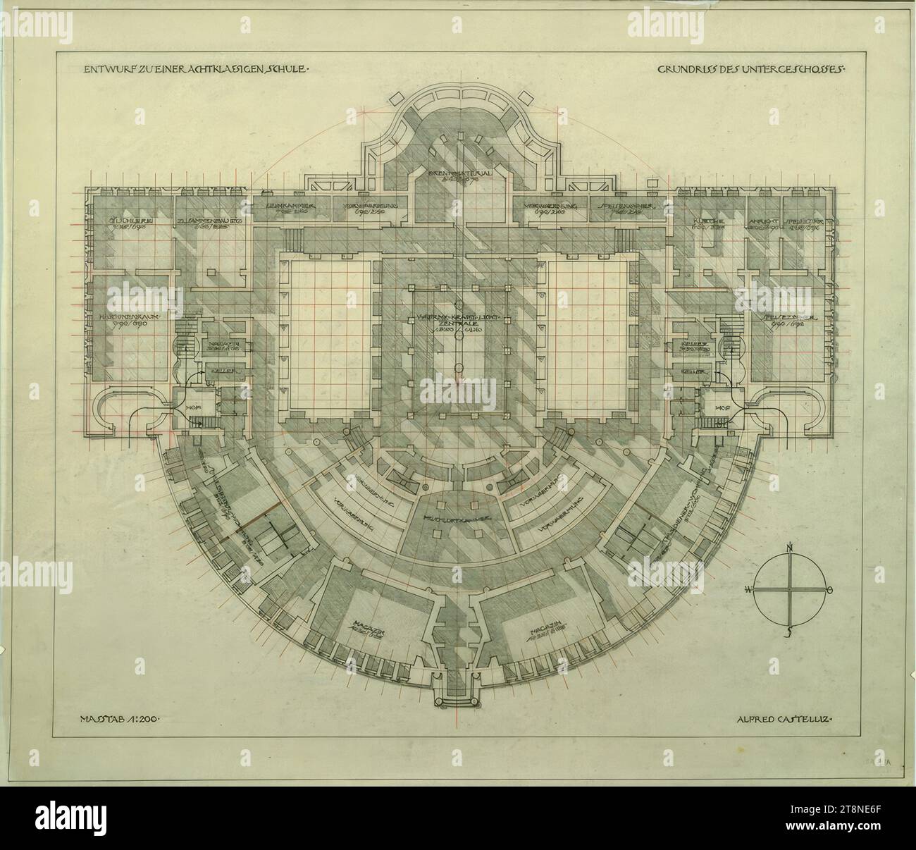 Draft for an 8-class school, floor plan of the basement, Alfred Castelliz (Celje 1870 - 1940 ...