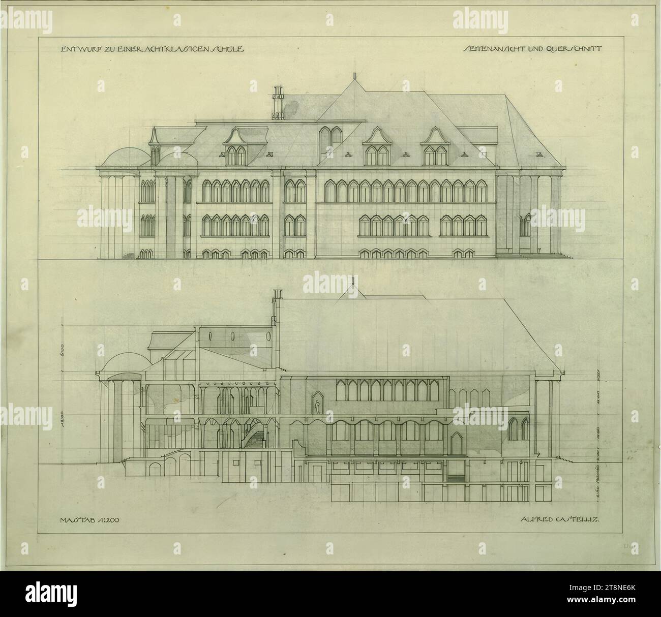 Draft for an 8-class school, outline and section, Alfred Castelliz (Celje 1870 - 1940 Vienna ...