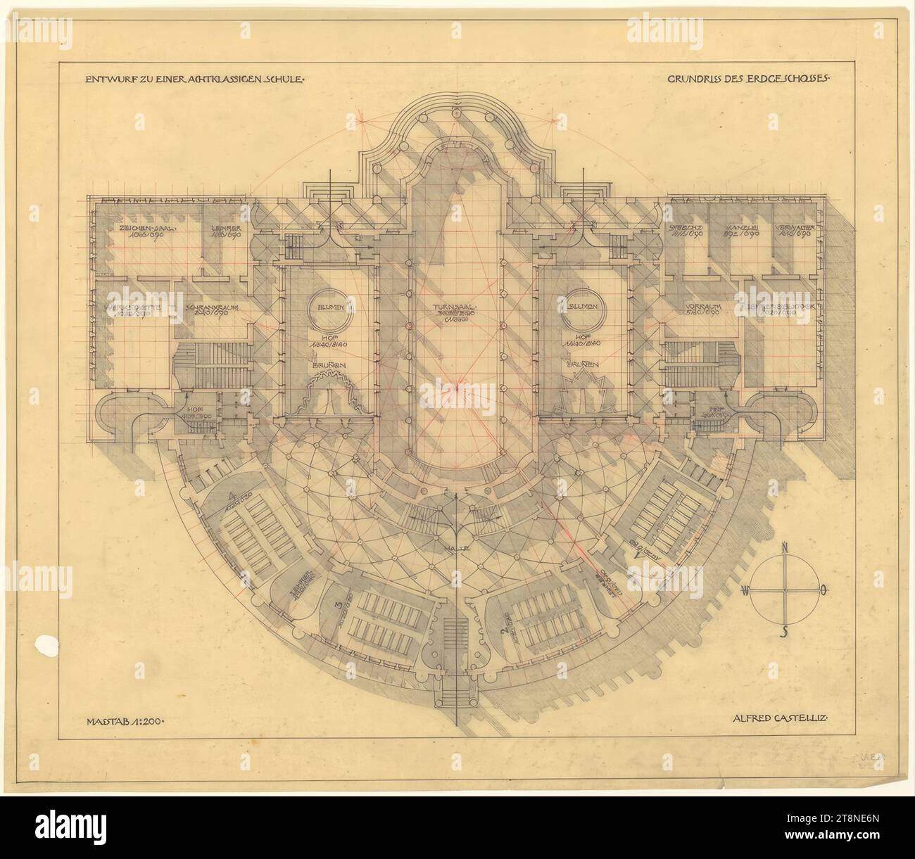 Draft for an 8-class school, ground floor plan, Alfred Castelliz (Celje 1870 - 1940 Vienna ...
