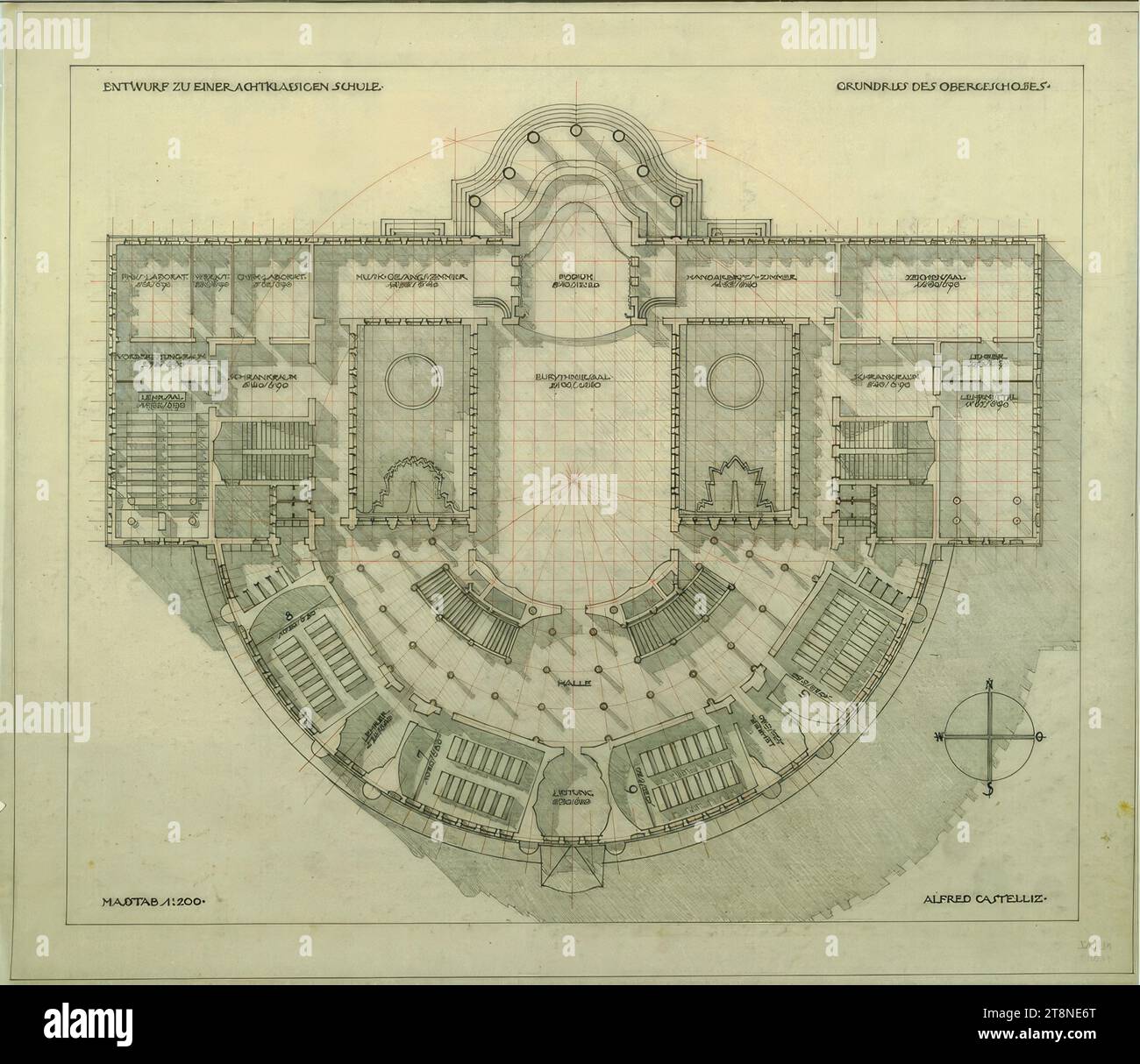 Draft for an 8-class school, floor plan, upper floor, Alfred Castelliz ...