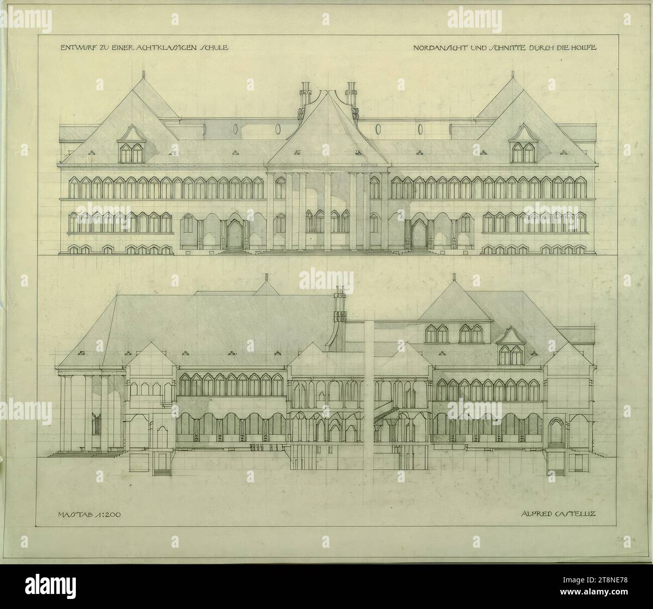 Draft for an 8-class school, outlines and sections, Alfred Castelliz (Celje 1870 - 1940 Vienna ...