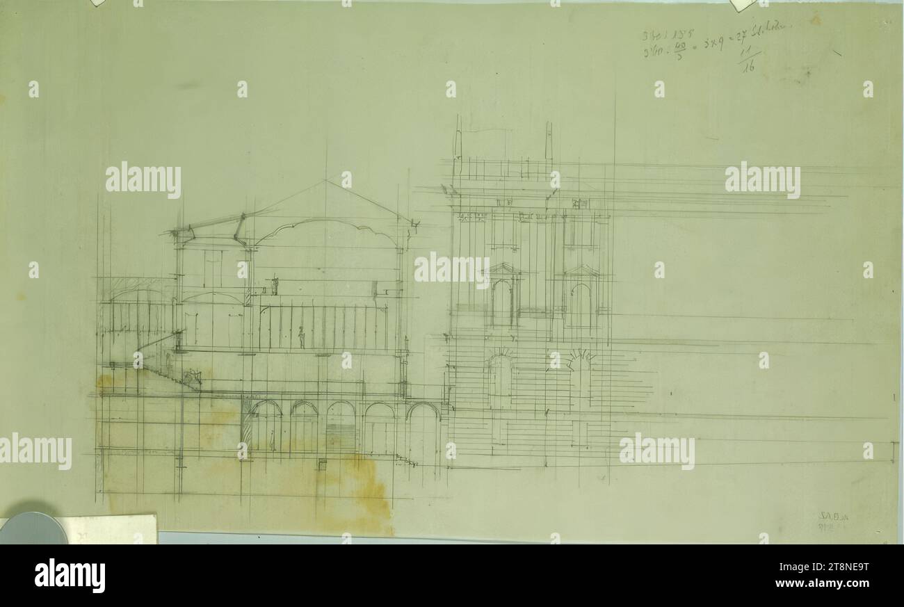 Reichenberg (Liberec, North Bohemia), German Volkshaus, design sketch, elevation and cross ...