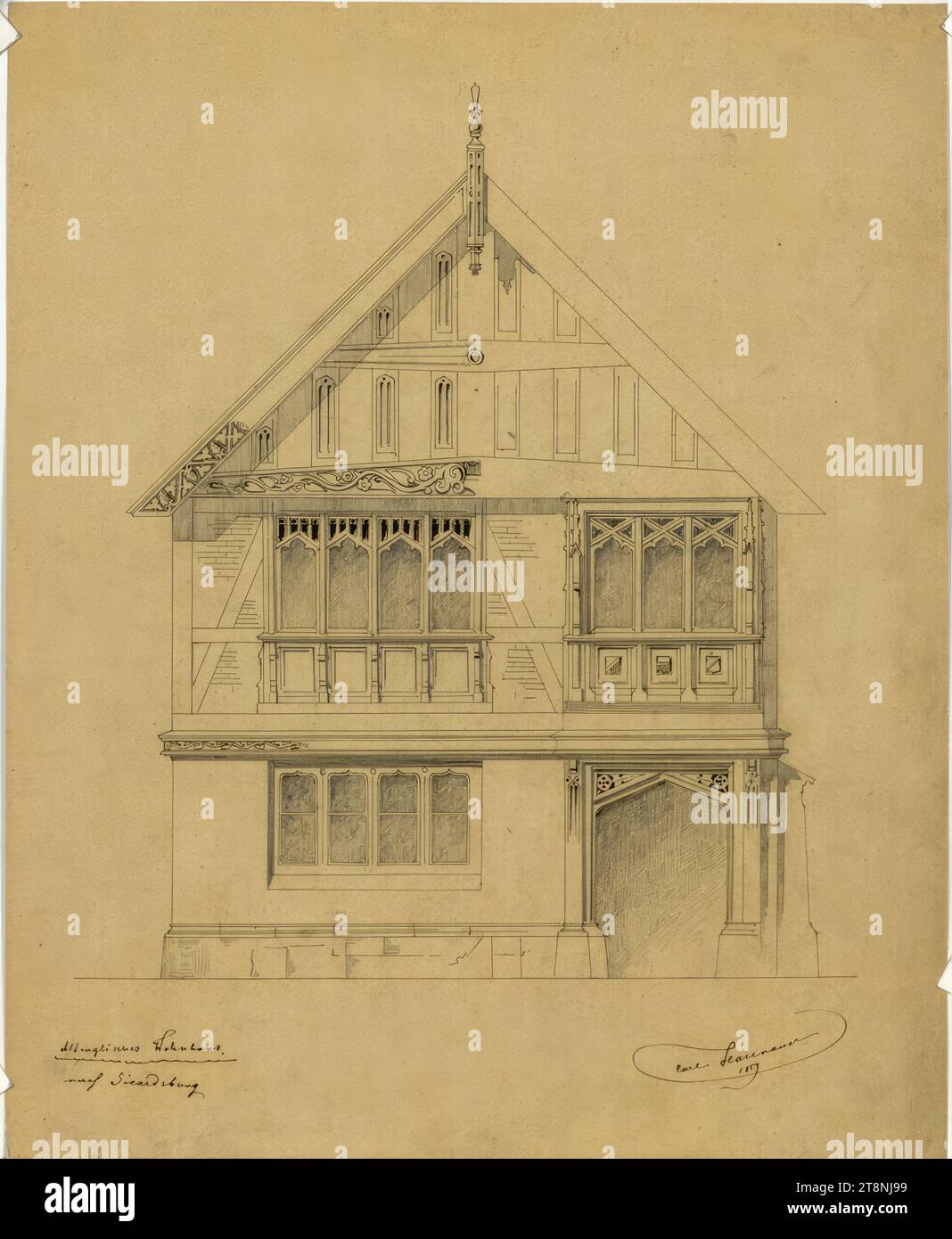 Old English house, outline, Heiss2, 1859, architectural drawing, pen ...