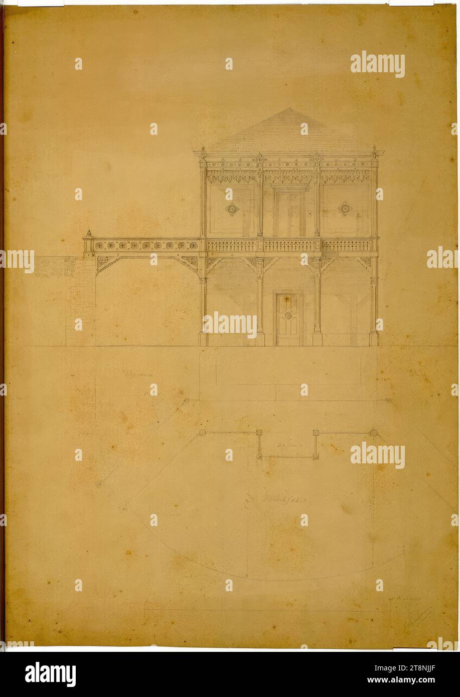 Design for a wooden veranda with connecting bridge, floor plan and ...
