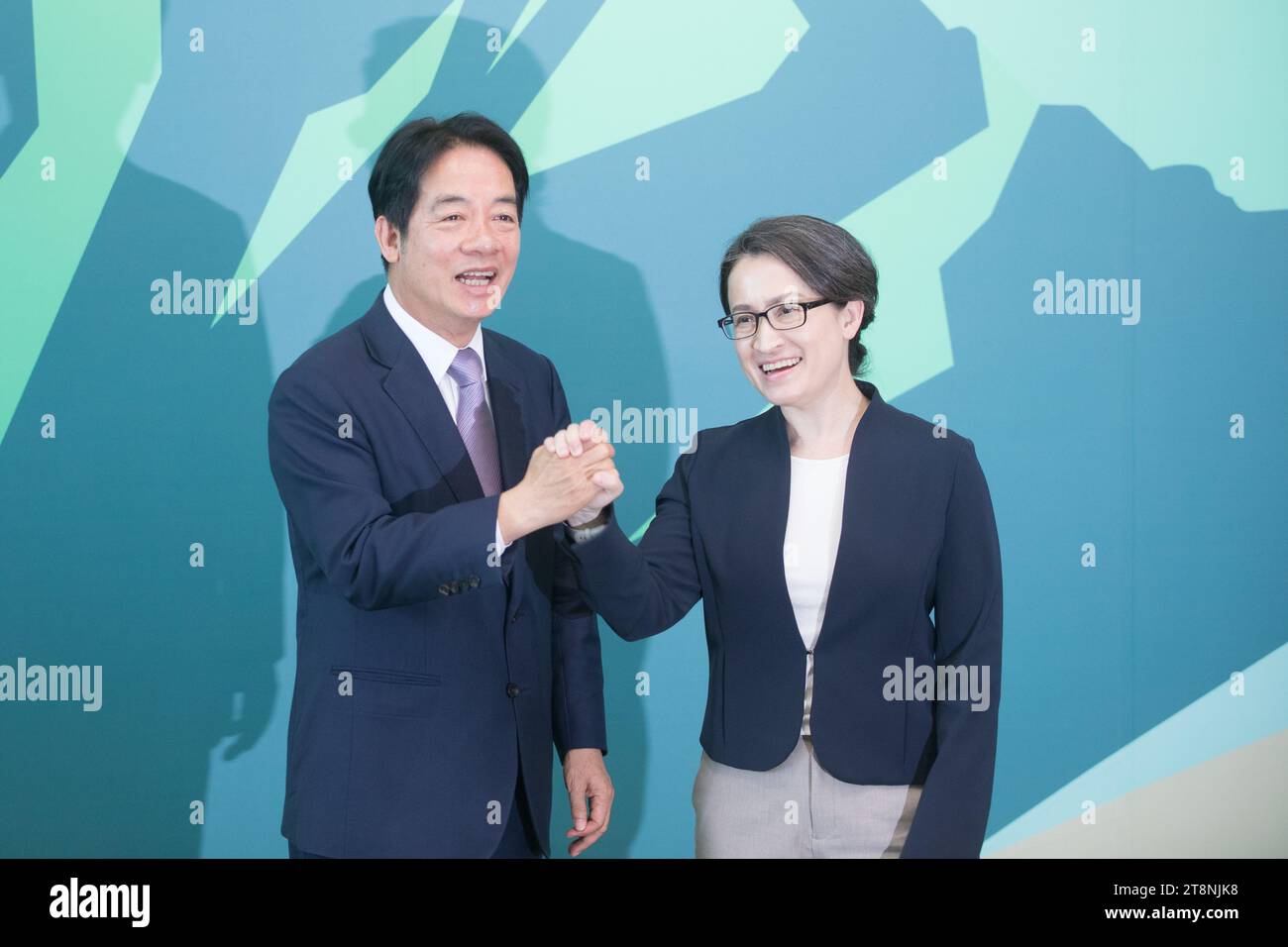 Taiwan's Vice President Lai Ching-te and his running mate, Hsiao Bi-Khim cheer in Taipei on ...