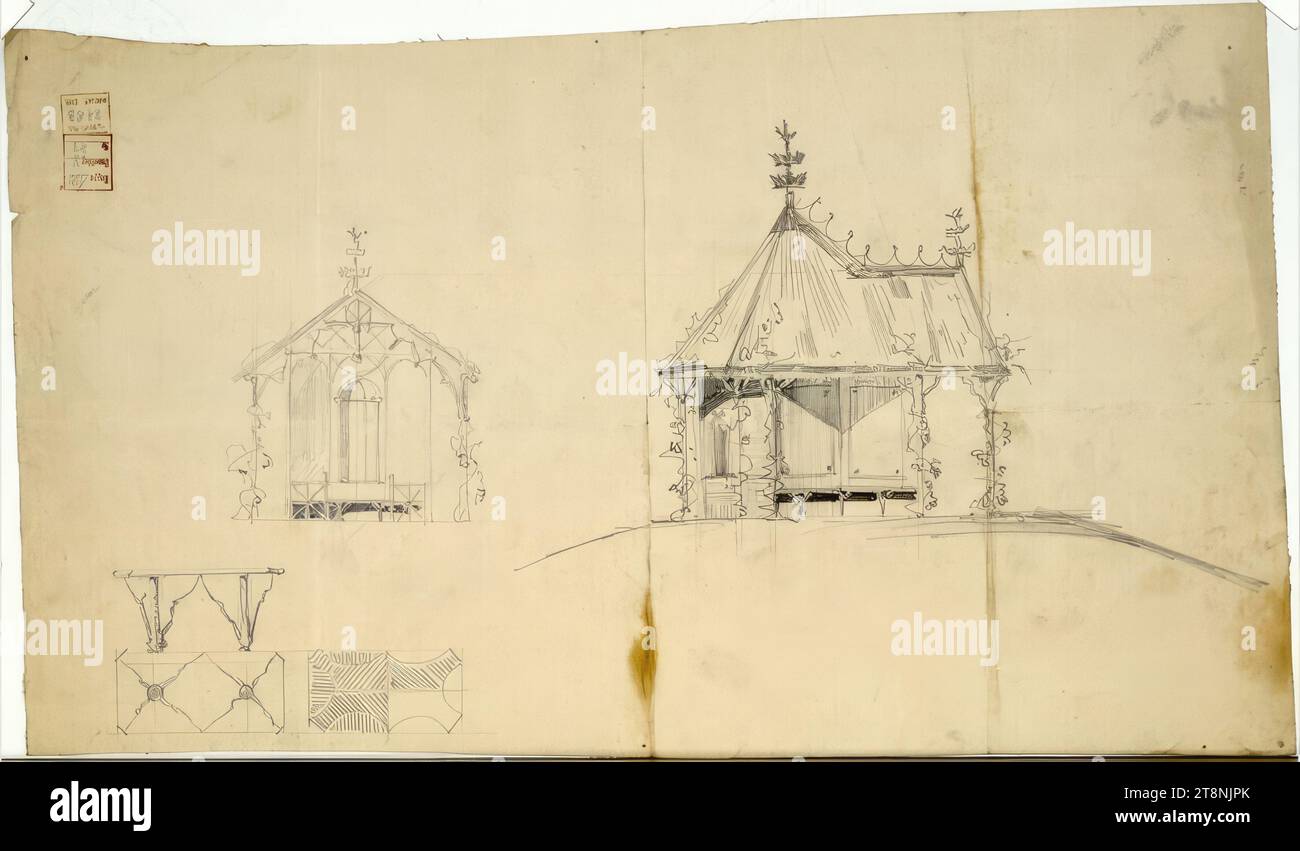 Garden pavilion made of branches and table design, elevations, Heiss2 ...