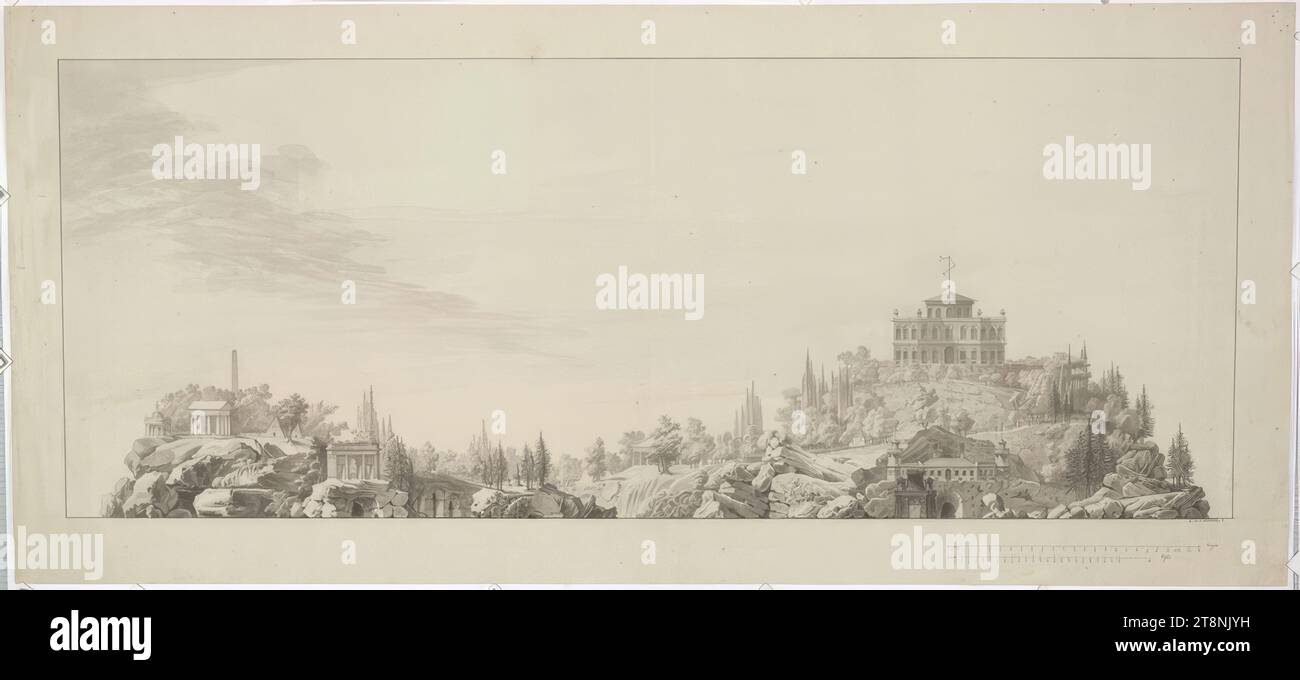 Laxenburg, park, hill of ruins, view, 1807, drawing, preliminary ...