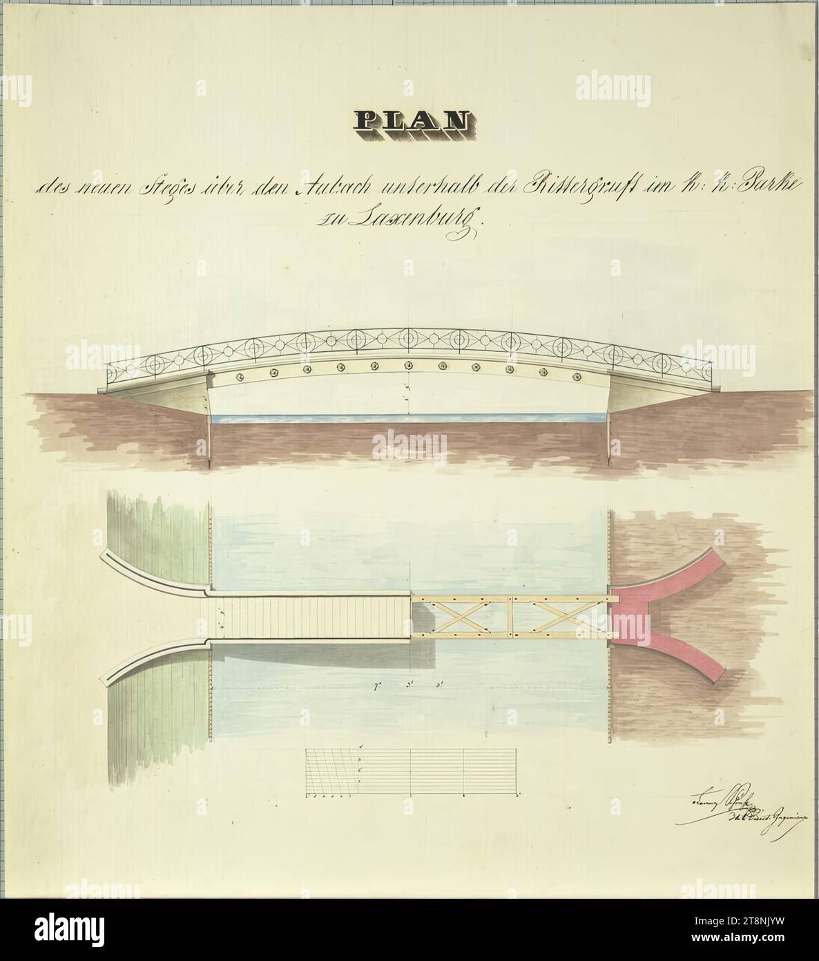Laxenburg, park, bridge, Aubachsteg, orthogonal projection and view ...