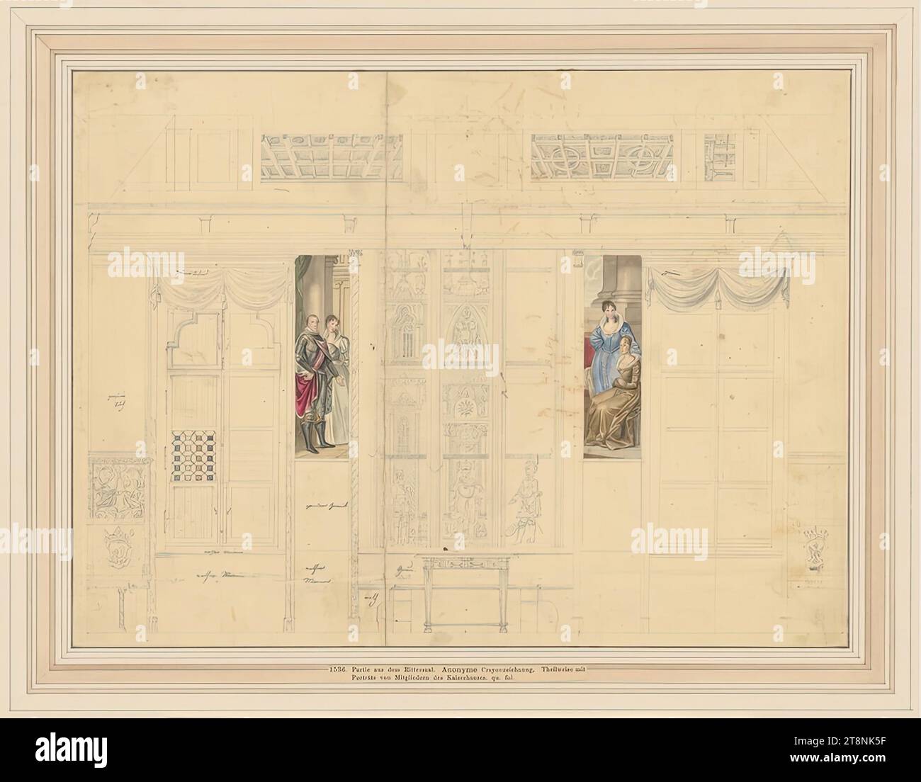 Laxenburg, Franzensburg, drawing room, window front, orthogonal view ...