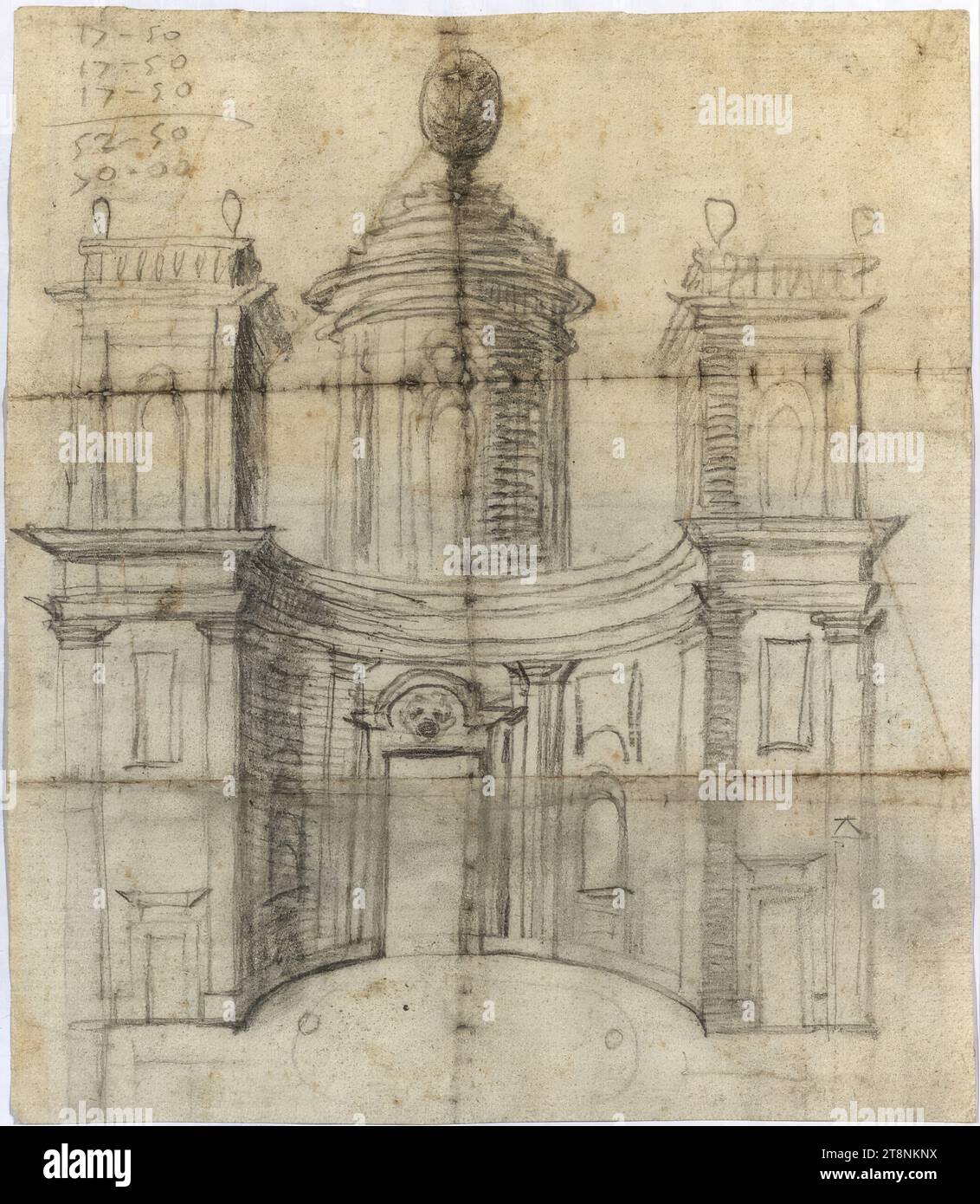 Undefined, two-tower facade of a domed church, architectural drawing ...