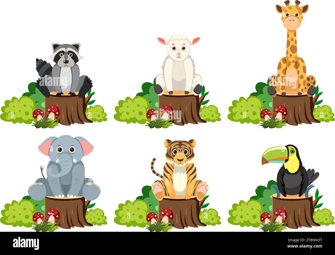 Vector cartoon illustration of animals sitting on a tree stump ...