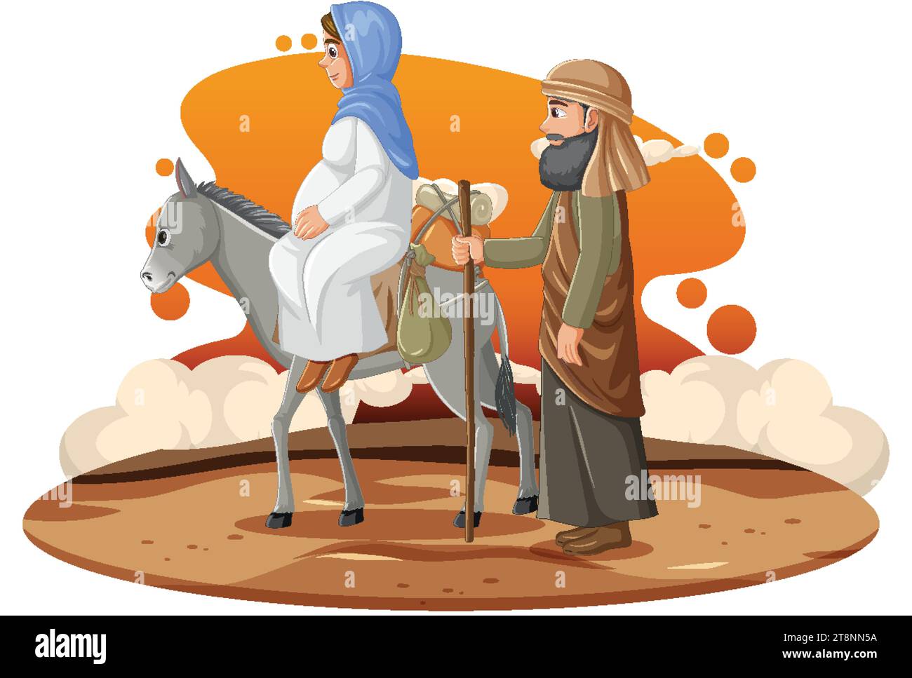 A heartwarming cartoon illustration depicting Mary and Joseph traveling ...