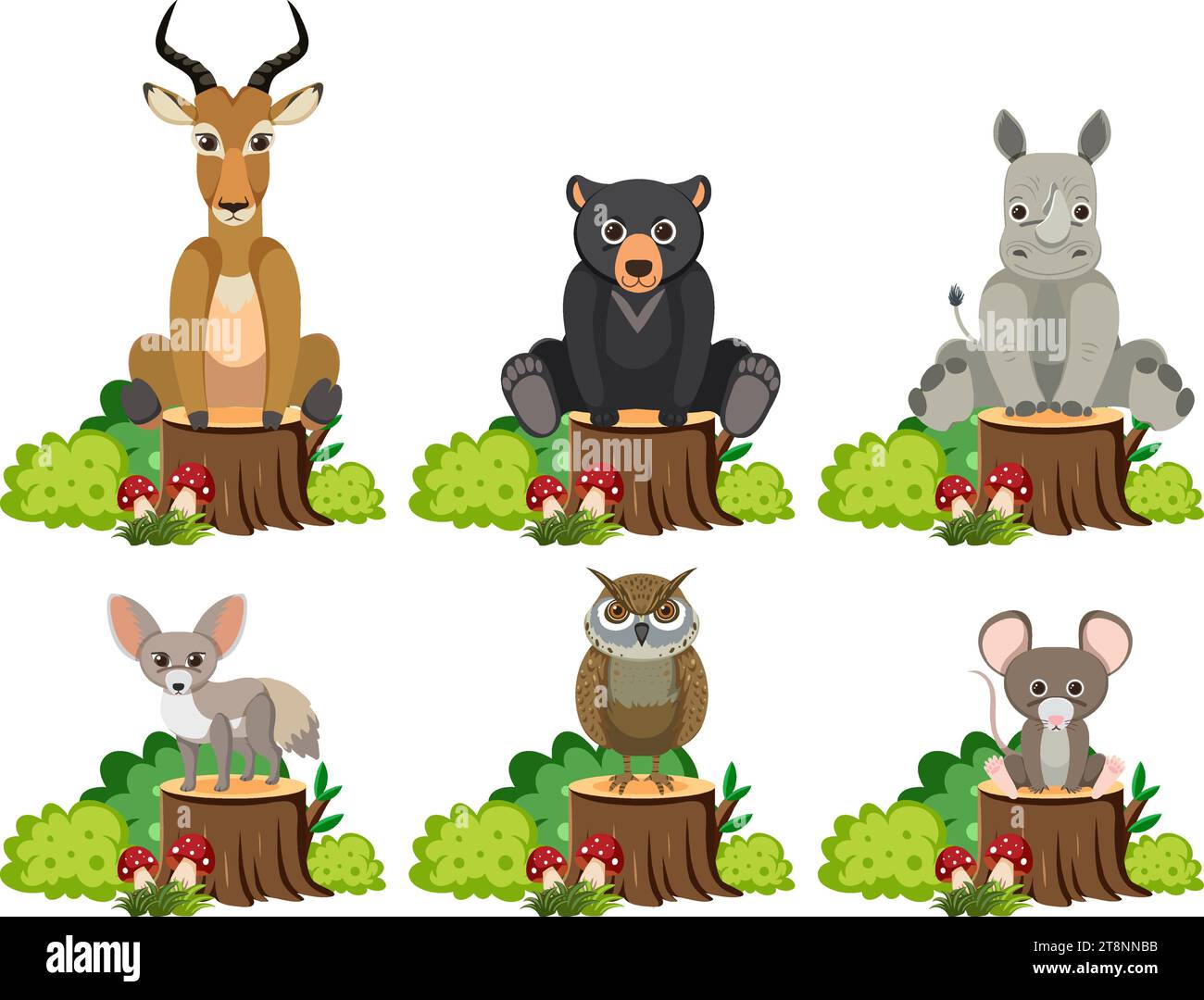Vector cartoon illustration of animals sitting on a tree stump ...