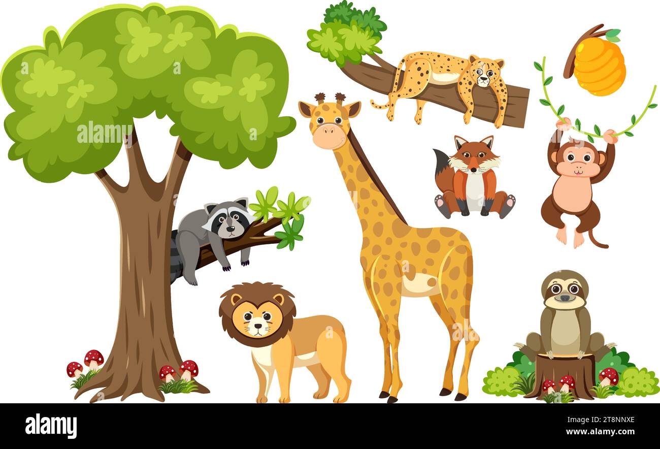 A vector cartoon illustration featuring isolated wild animals and a ...