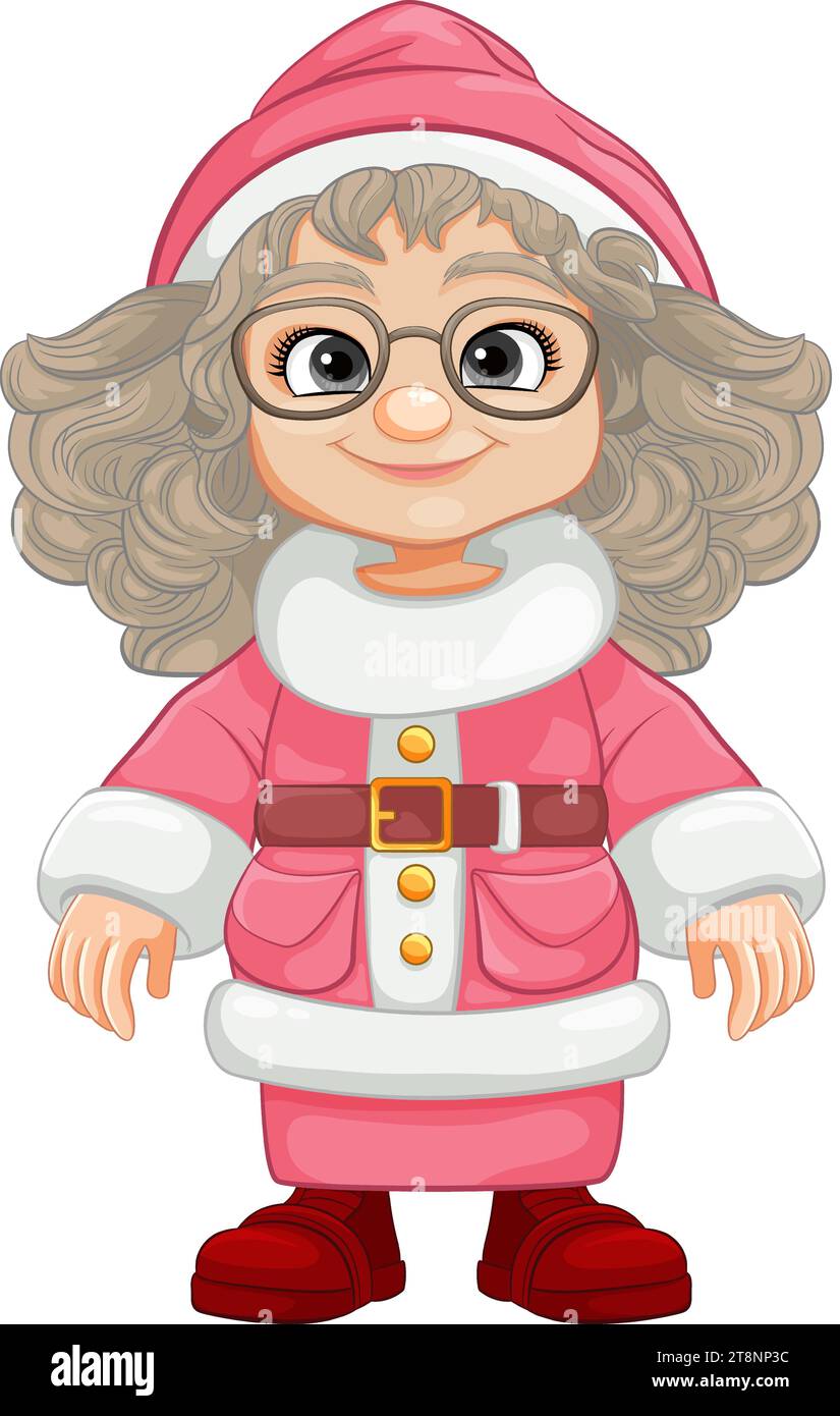A joyful woman wearing pink Santa Claus glasses in a cartoon ...