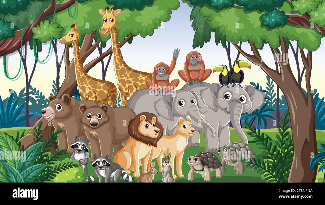 Vibrant cartoon illustration of various wild animals in a lush forest ...