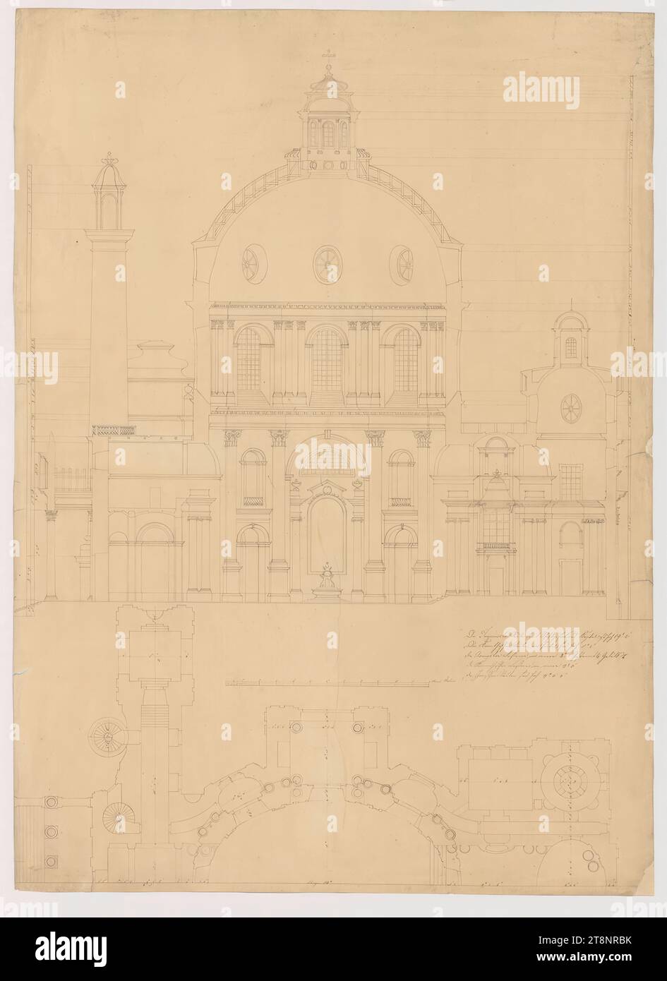 Vienna, Karlskirche, longitudinal section (building survey), Carl von ...