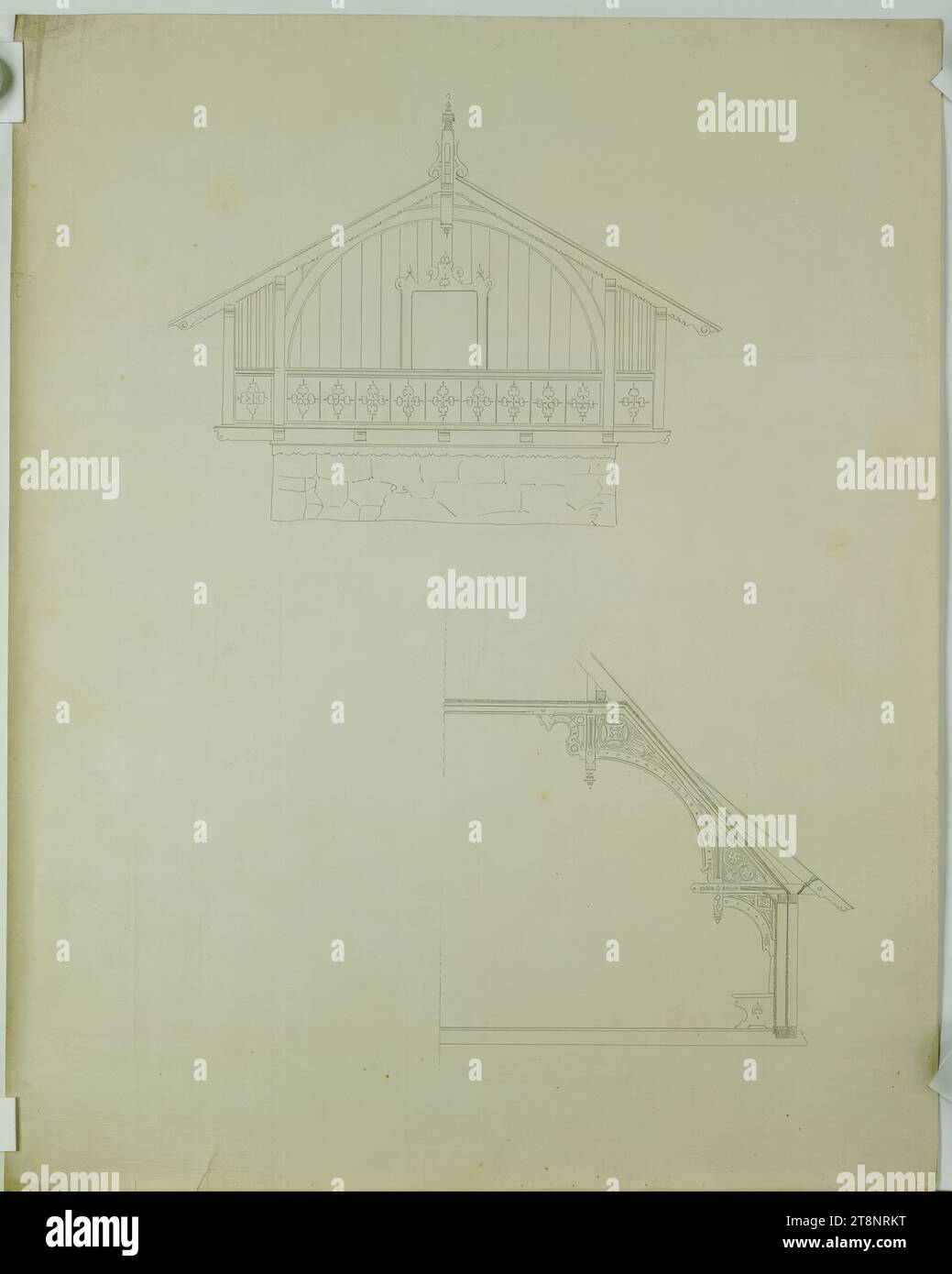Wooden bandstand and hall with hammerbeam roof, elevation and cross ...