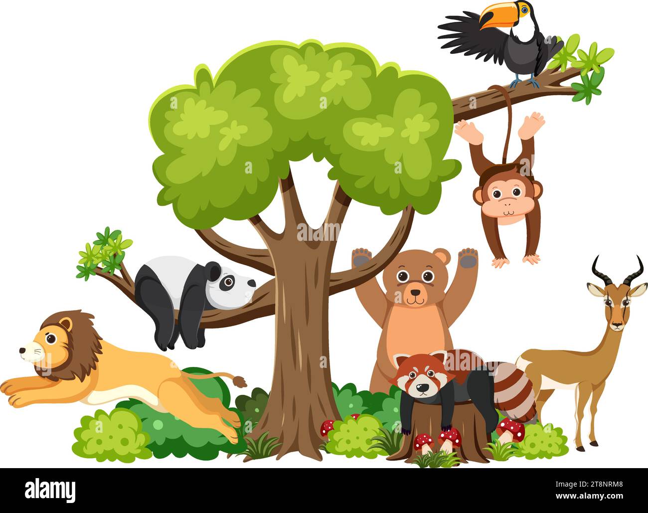 Wild animals living together happily in a secluded forest Stock Vector ...
