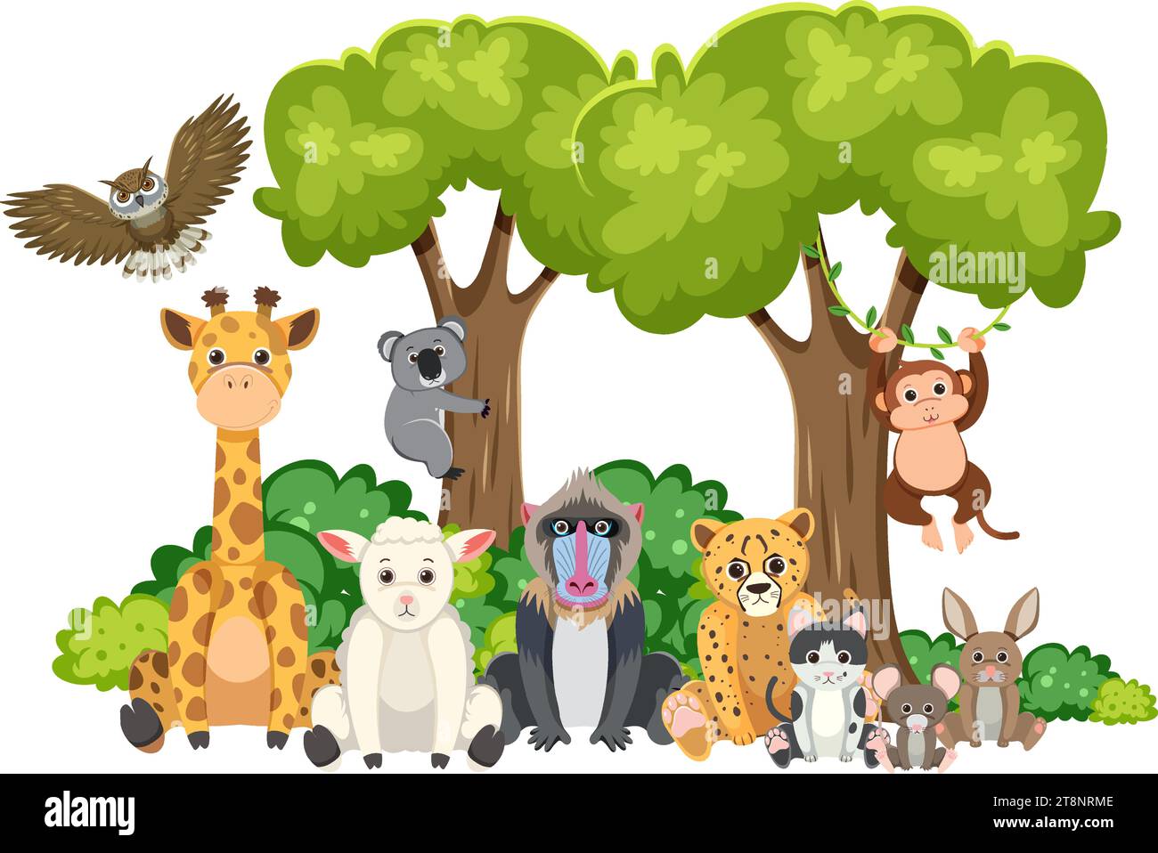 Various wild animals coexisting harmoniously beneath a tree Stock ...