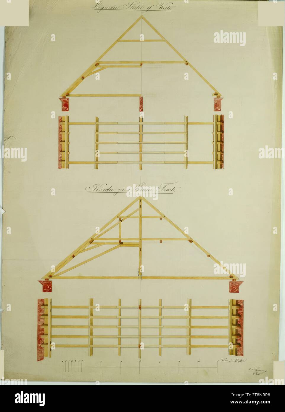 Maria Trost, roof truss and lying roof truss, cross sections, Carl von ...