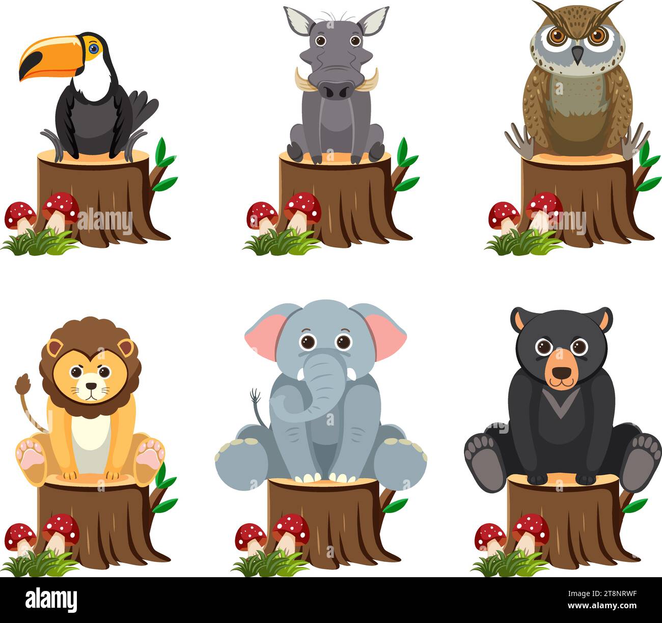 Vector cartoon illustration of wild animals perched on a tree stump ...