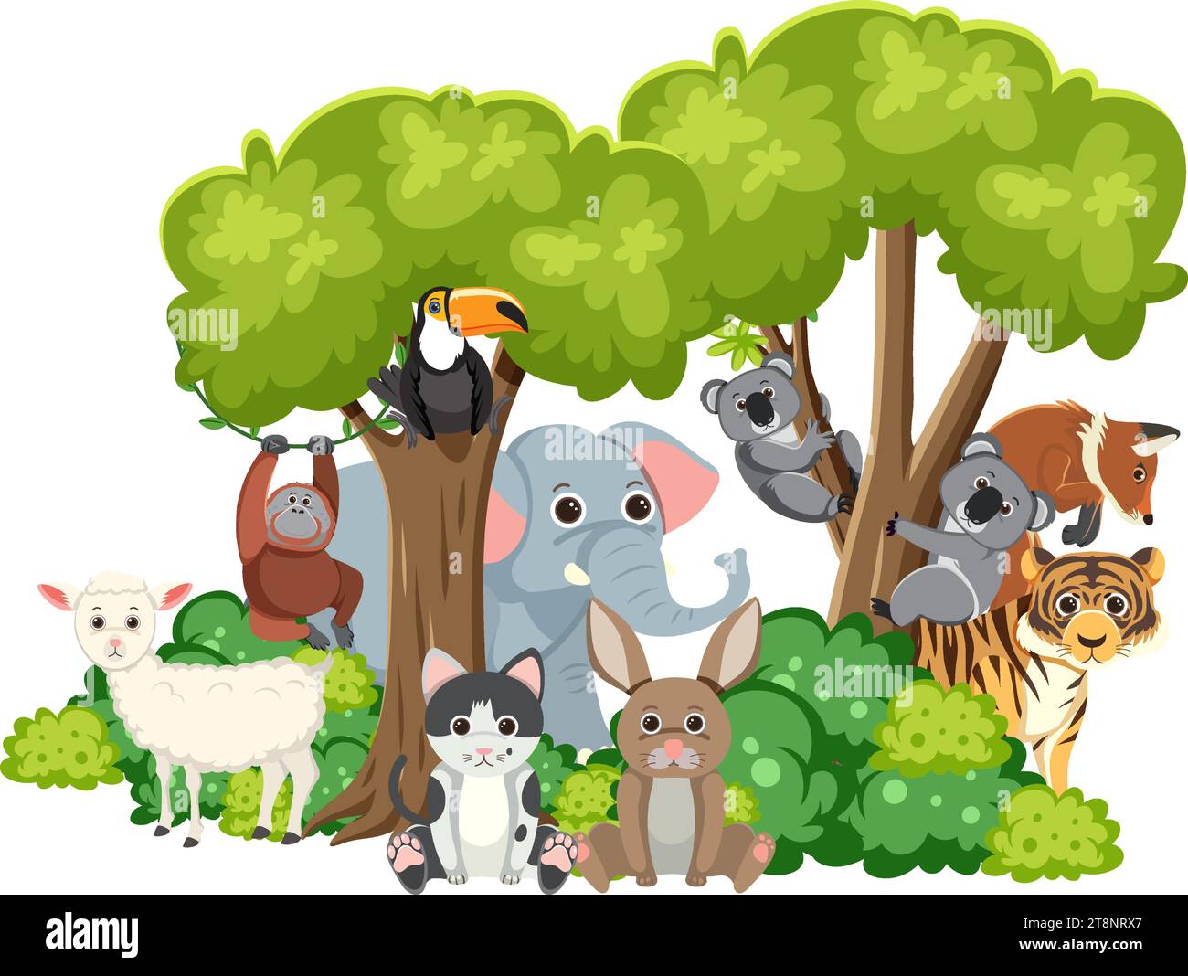 Various wild animals coexisting harmoniously beneath a tree Stock ...
