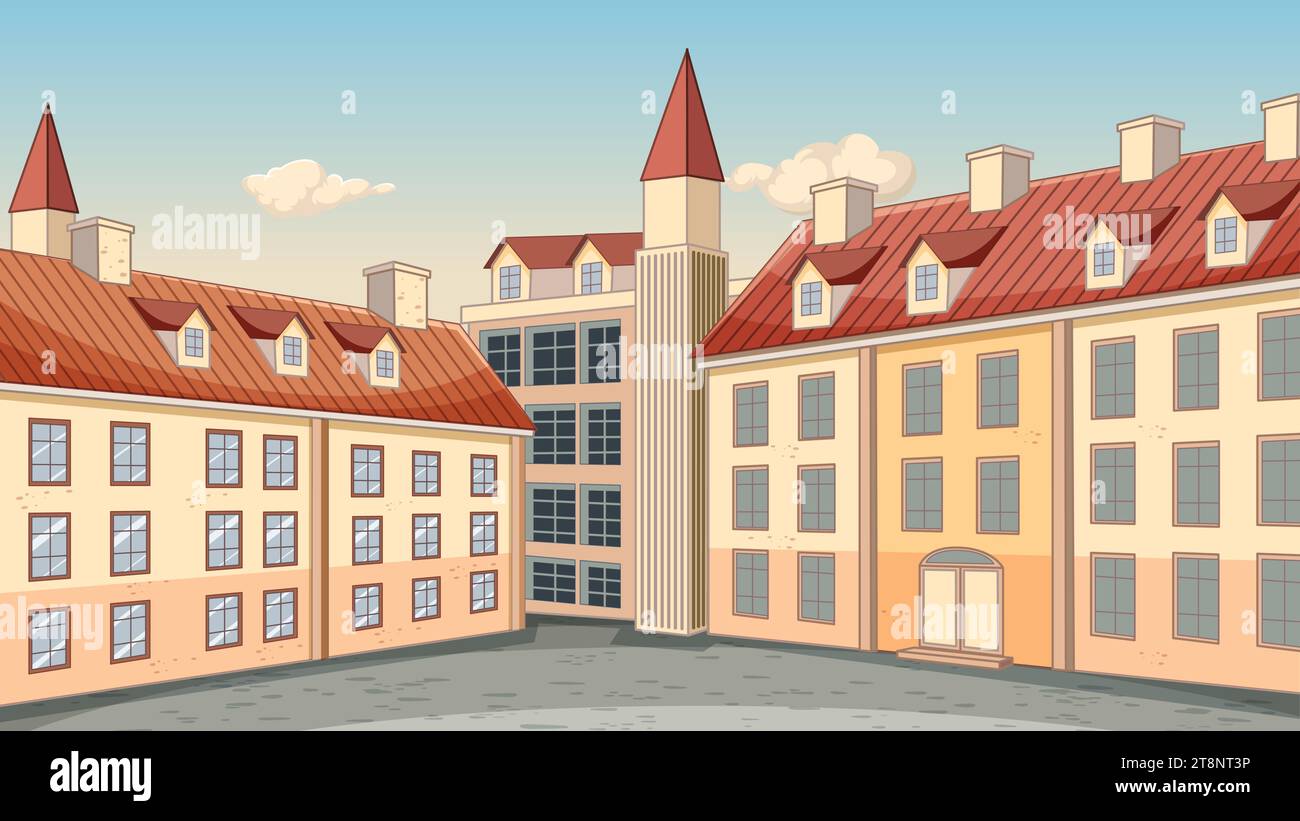A vibrant cartoon illustration of a European city square with ...