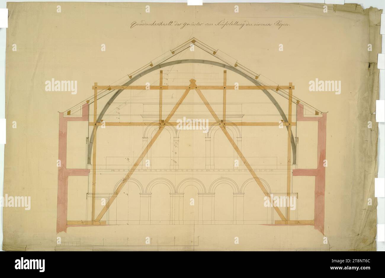 Riding hall with construction scaffolding, cross section, Carl von ...
