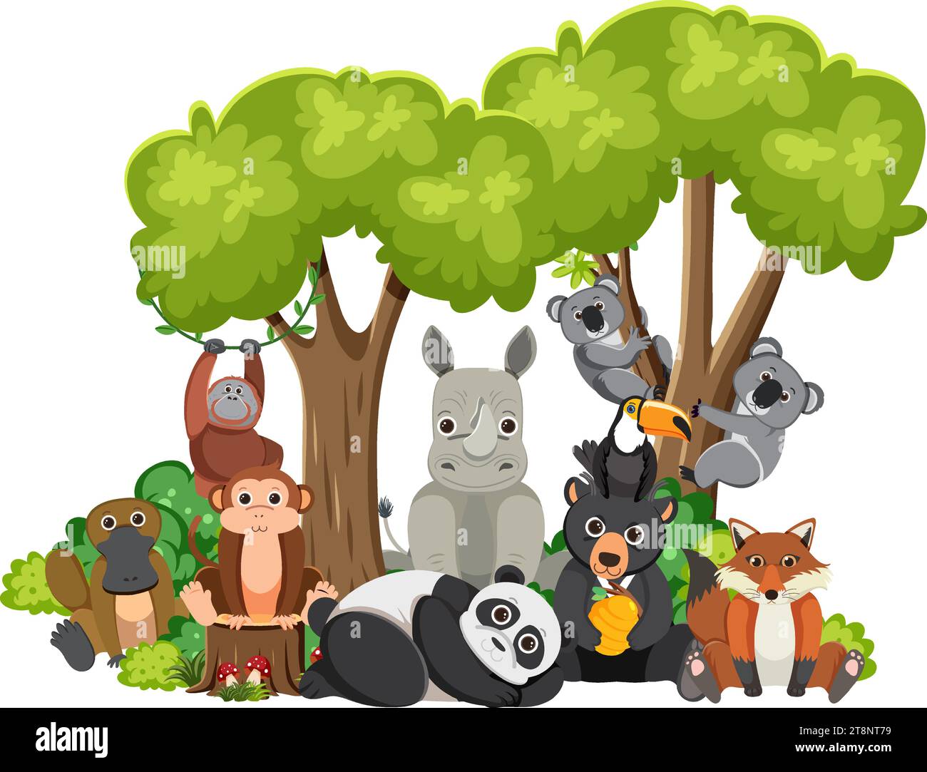 Various wild animals living together in harmony under a tree Stock ...