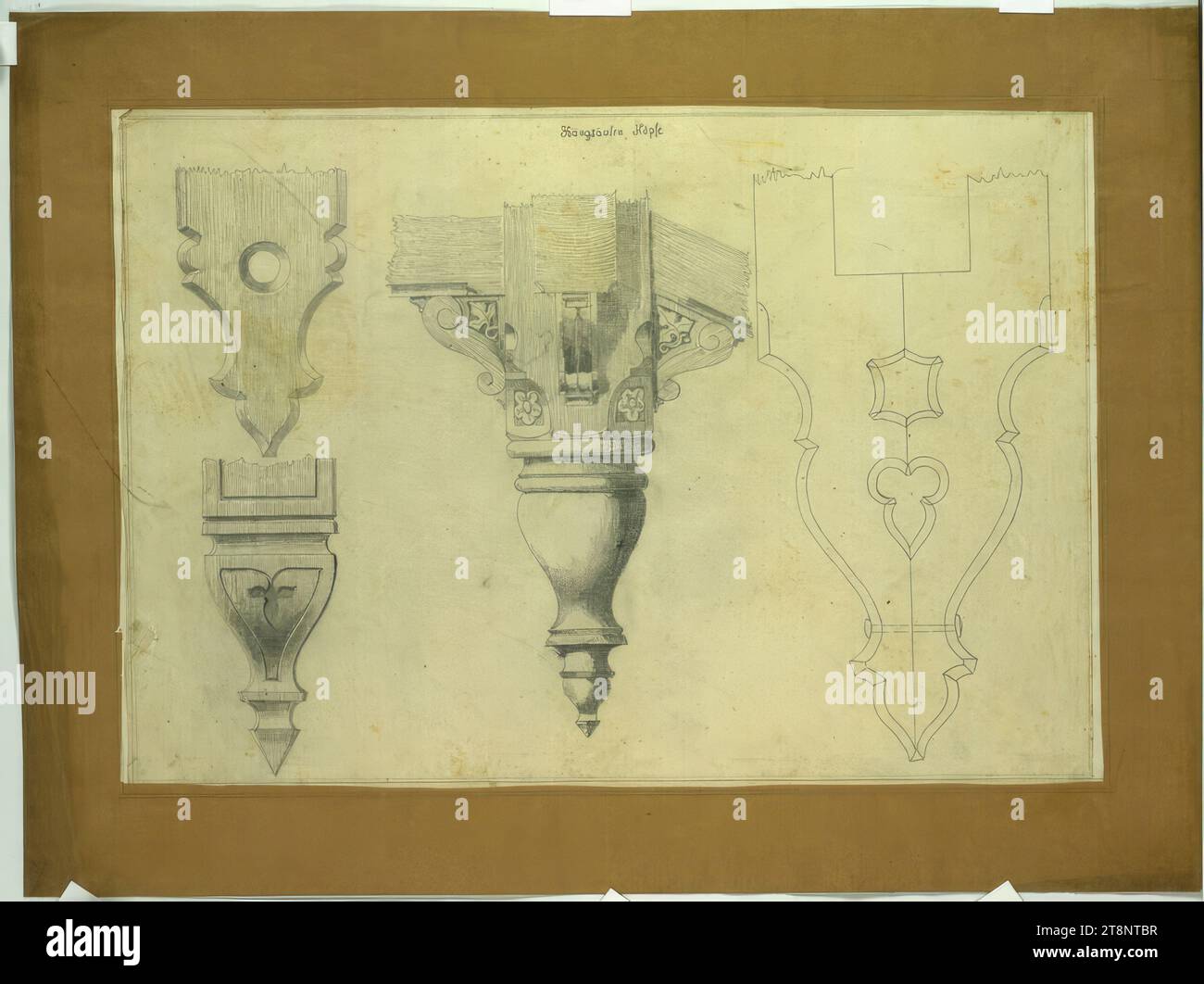 Wooden hanging column heads, elevations and perspective, Carl von ...