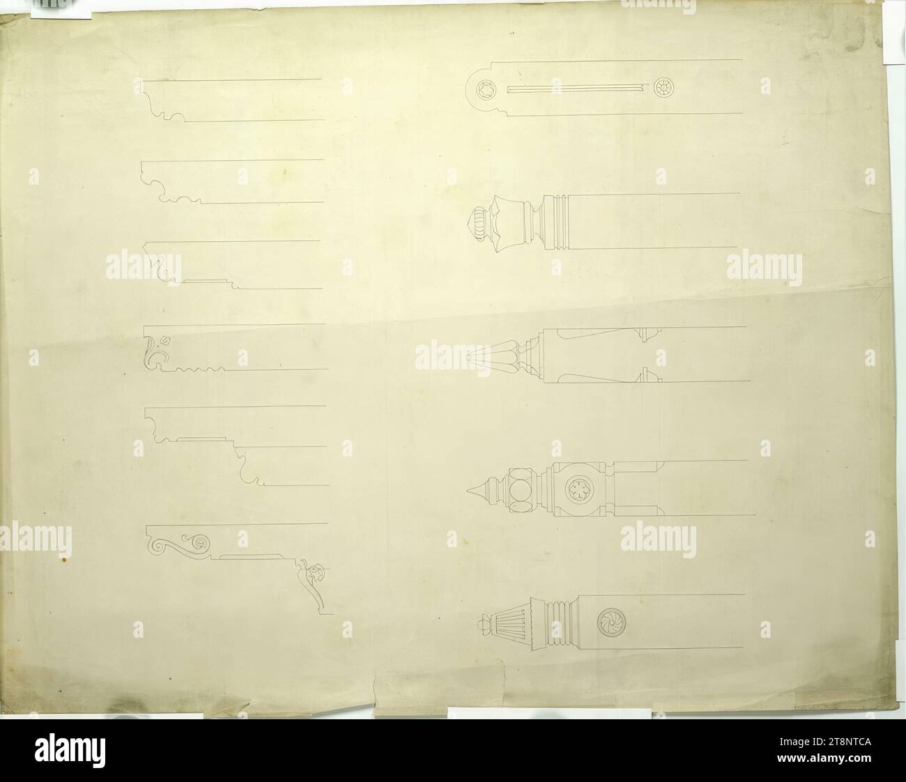 Wooden purlin and hanging column heads, elevations, Carl von Hasenauer ...