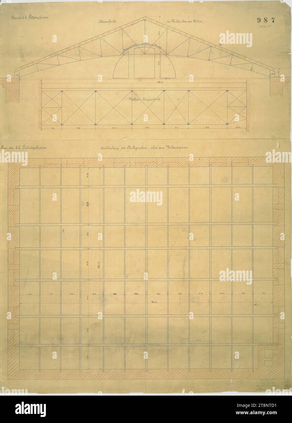 Vienna I, Burgtheater, stage building, roof construction, floor plan ...