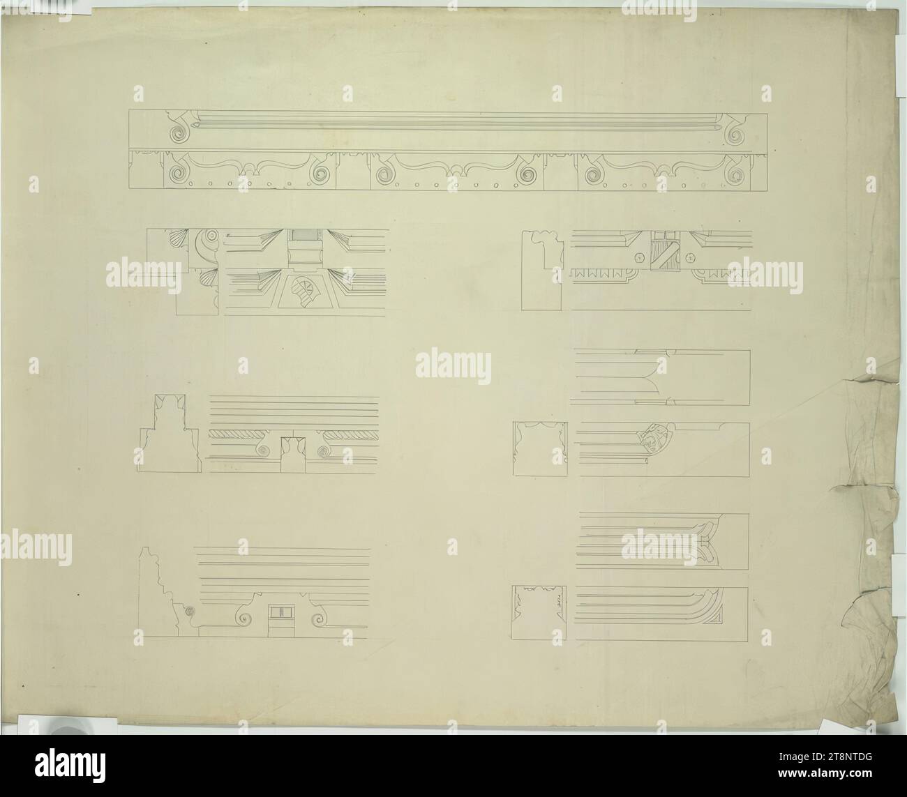 Wooden beams, elevations, bottom views and sections, Carl von Hasenauer ...