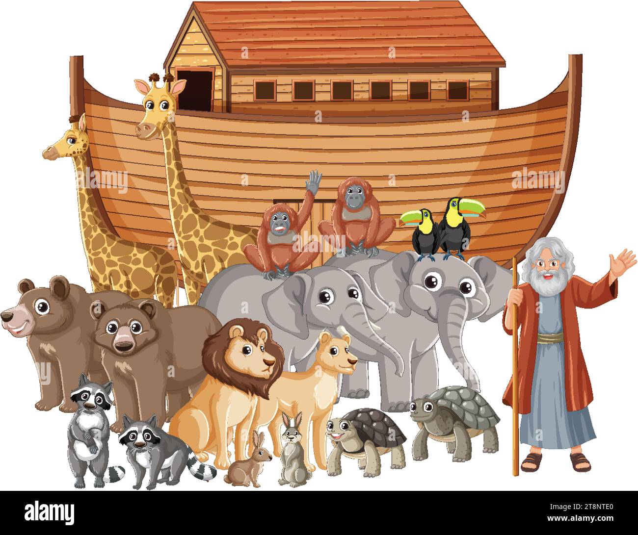 A whimsical depiction of Noah and a variety of wild animals on his Ark Stock Vector Image & Art ...