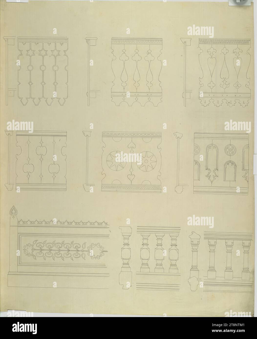 Railing boards and wooden balcony parapets, elevations and sections ...