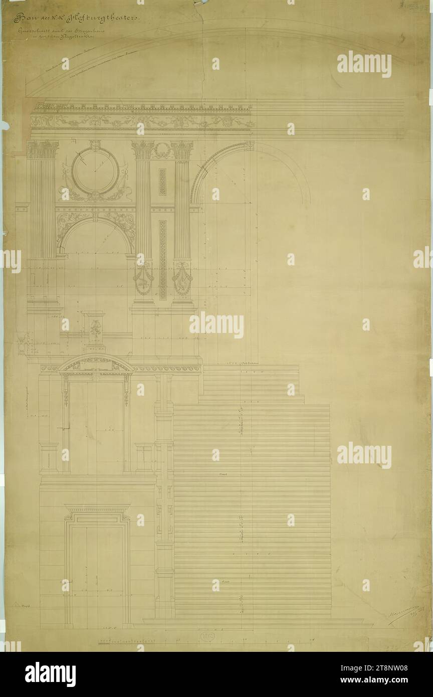 Vienna I, Burgtheater, side wing, grand staircase, interior elevation, Carl von Hasenauer ...