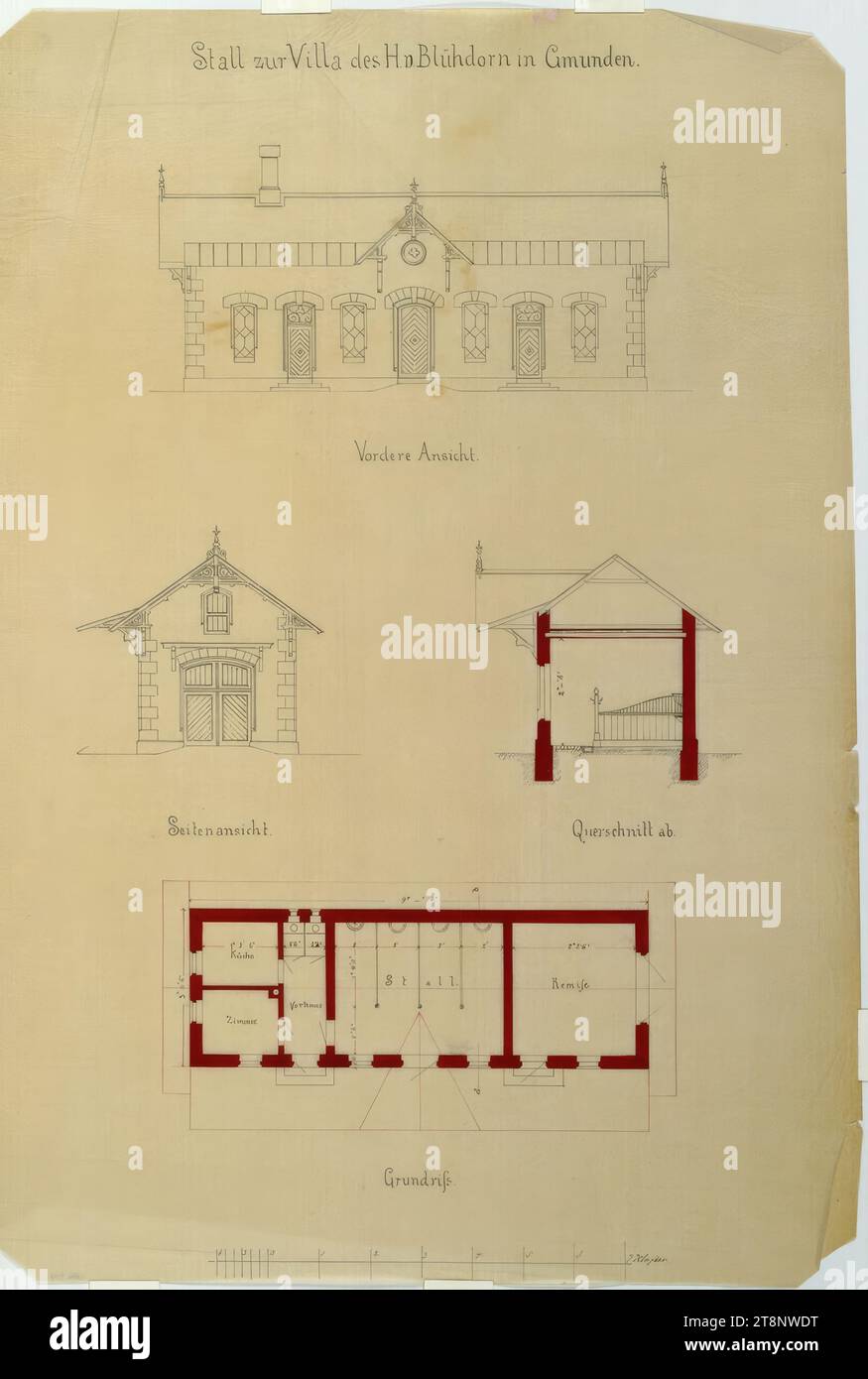 Gmunden, Villa Blühdorn, stable, ground plan, outlines and cross ...