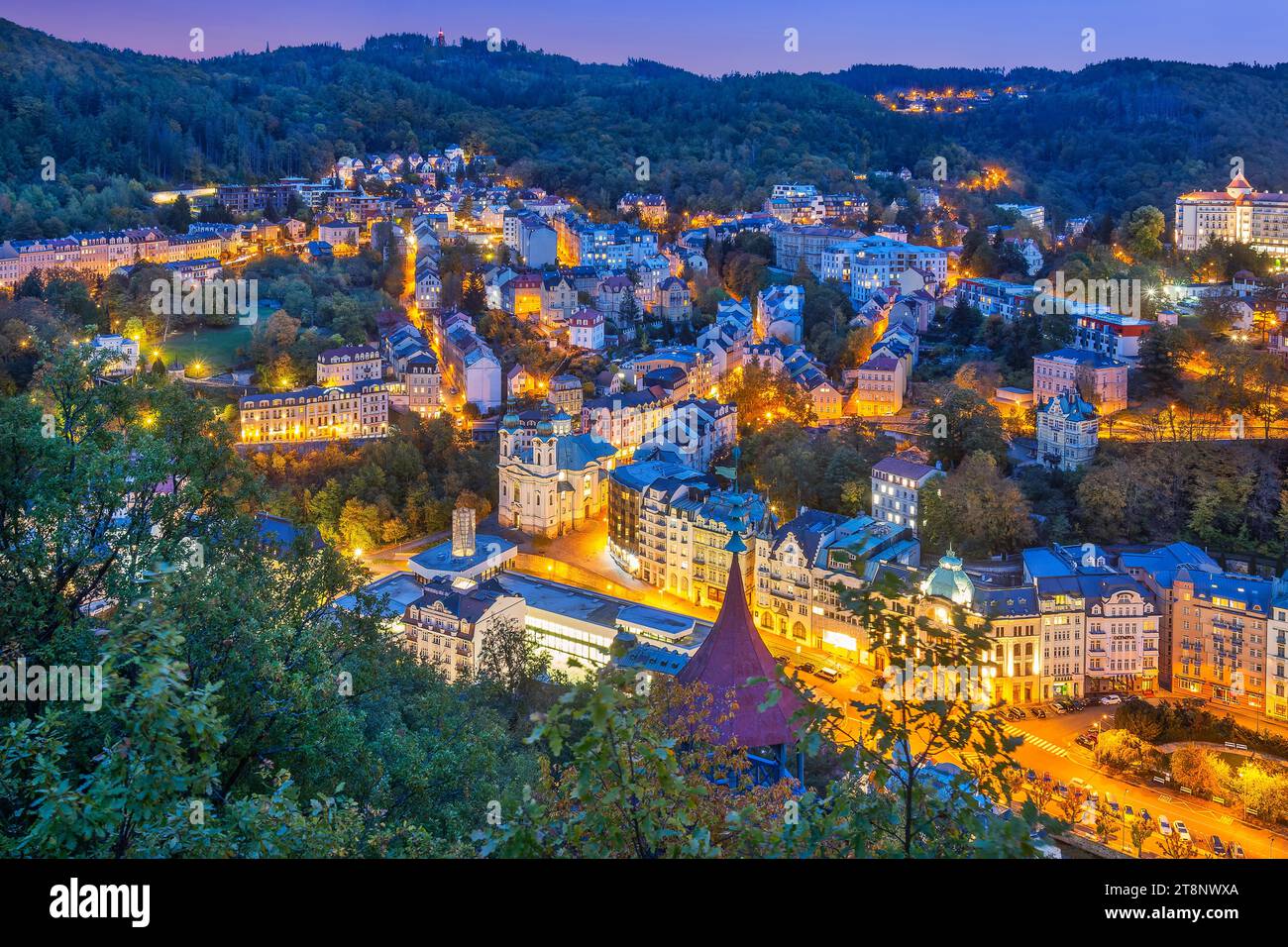 Panorama of the historic centre at dusk, Karlovy Vary, West Bohemian ...
