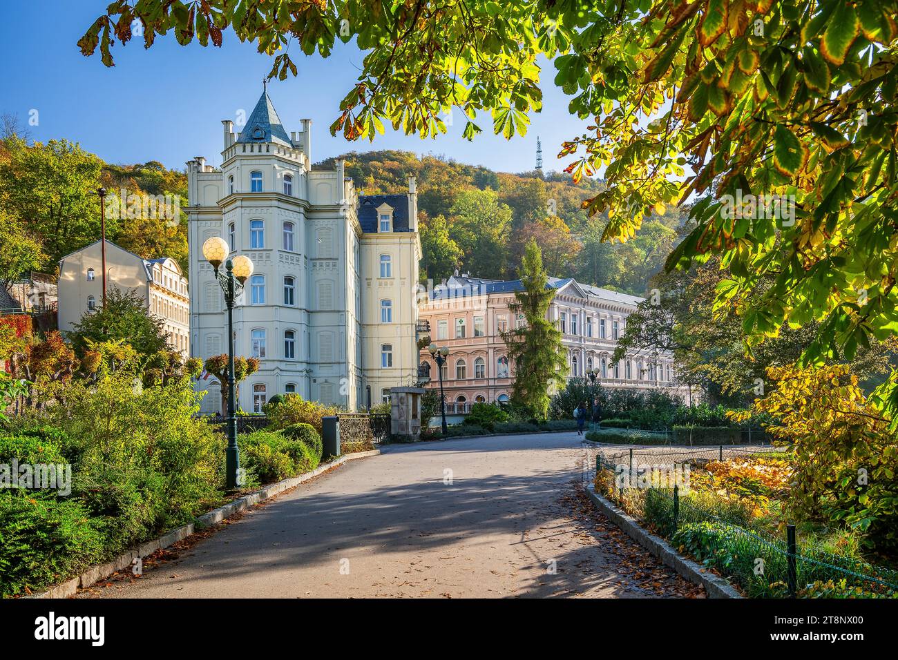 Historic Hotel Pavlov on the banks of the Tepla in autumn, Karlovy Vary ...